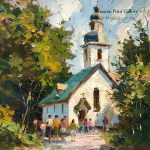 Antique Church Oil Painting Print, Vintage Farmhouse Landscape ...