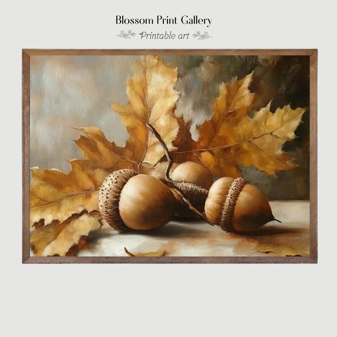 Acorn Still Life Painting Printable Vintage Fall Poster Rustic Autumn ...