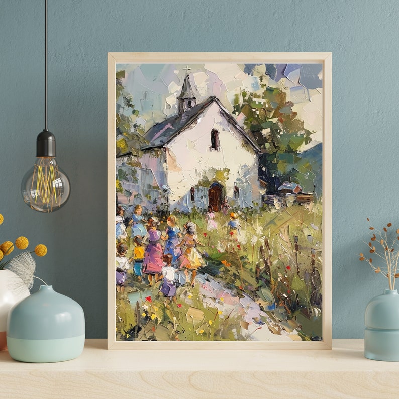 Vintage Church Print Spring Landscape Antique Oil Painting ...