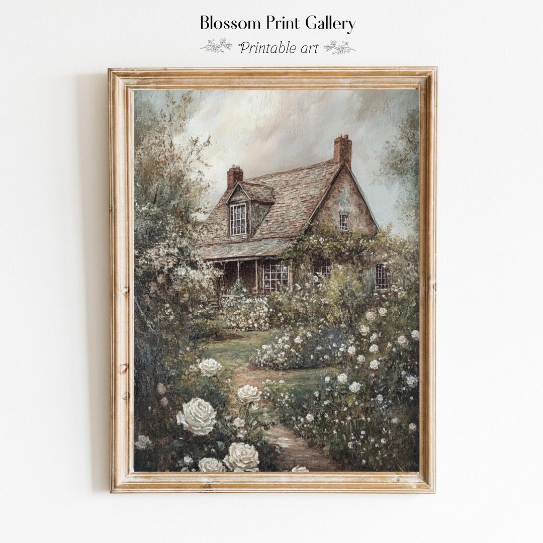 English Cottage Print: Rustic Manor House, White Roses (digital ...