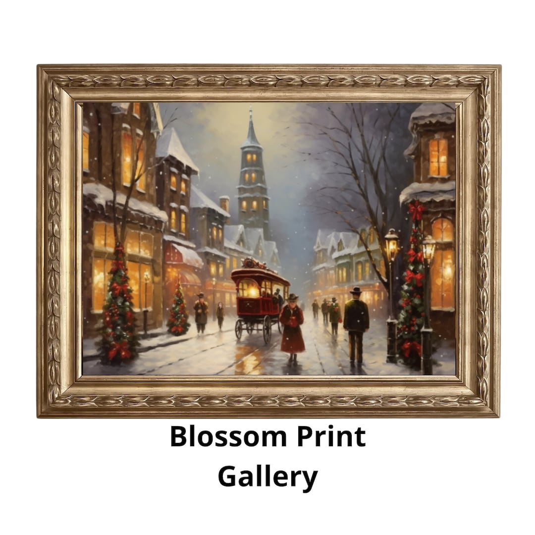 Vintage Christmas Wall Art City Street Painting Festive Holiday Home ...
