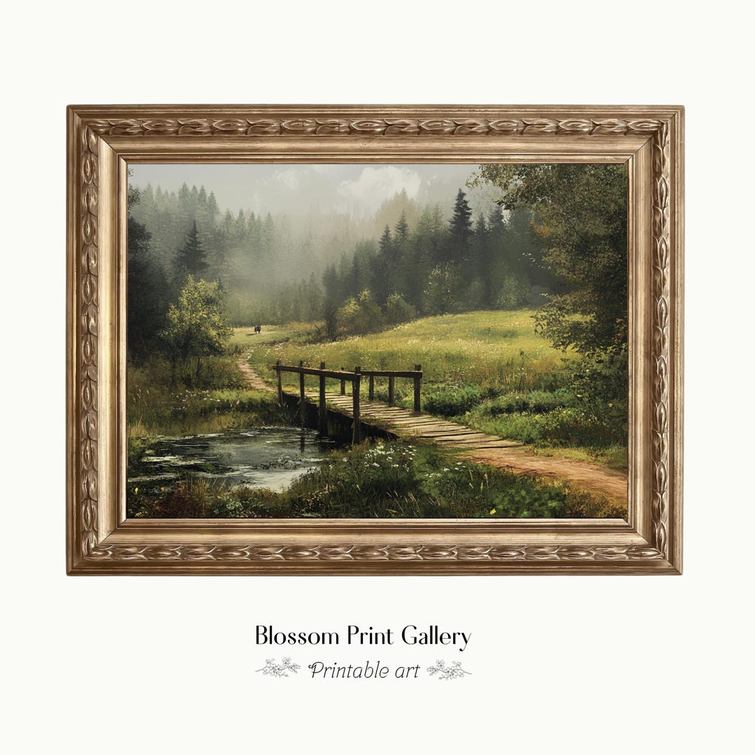 Vintage Summer Landscape Wall Art, River Bridge Print, Muted Color ...
