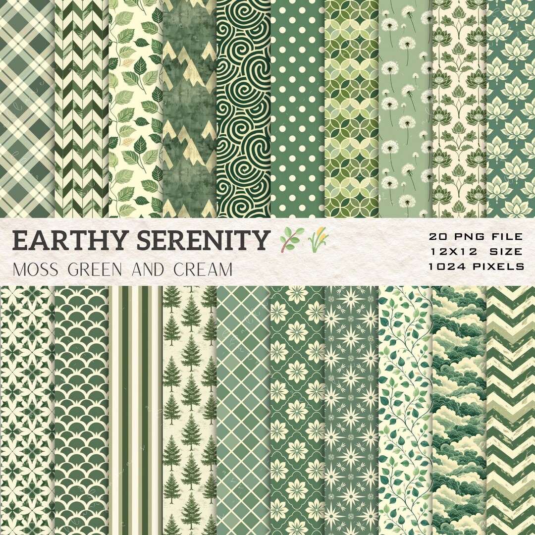 Earthy Serenity Digital Paper Pack – Moss Green and Cream Seamless ...