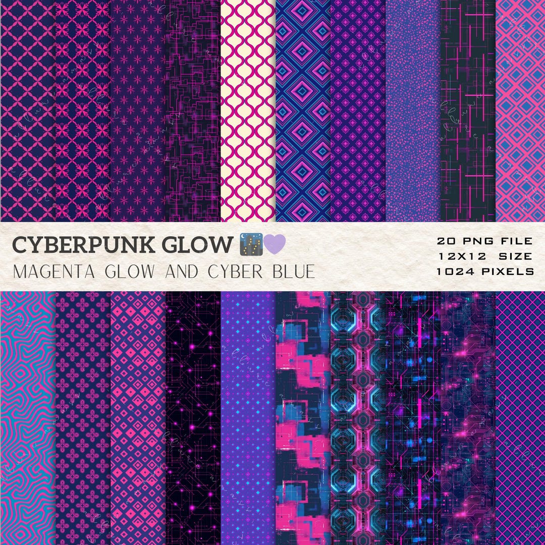 Magenta Glow and Cyber Blue Seamless Patterns – Cyberpunk Glow Digital ...
