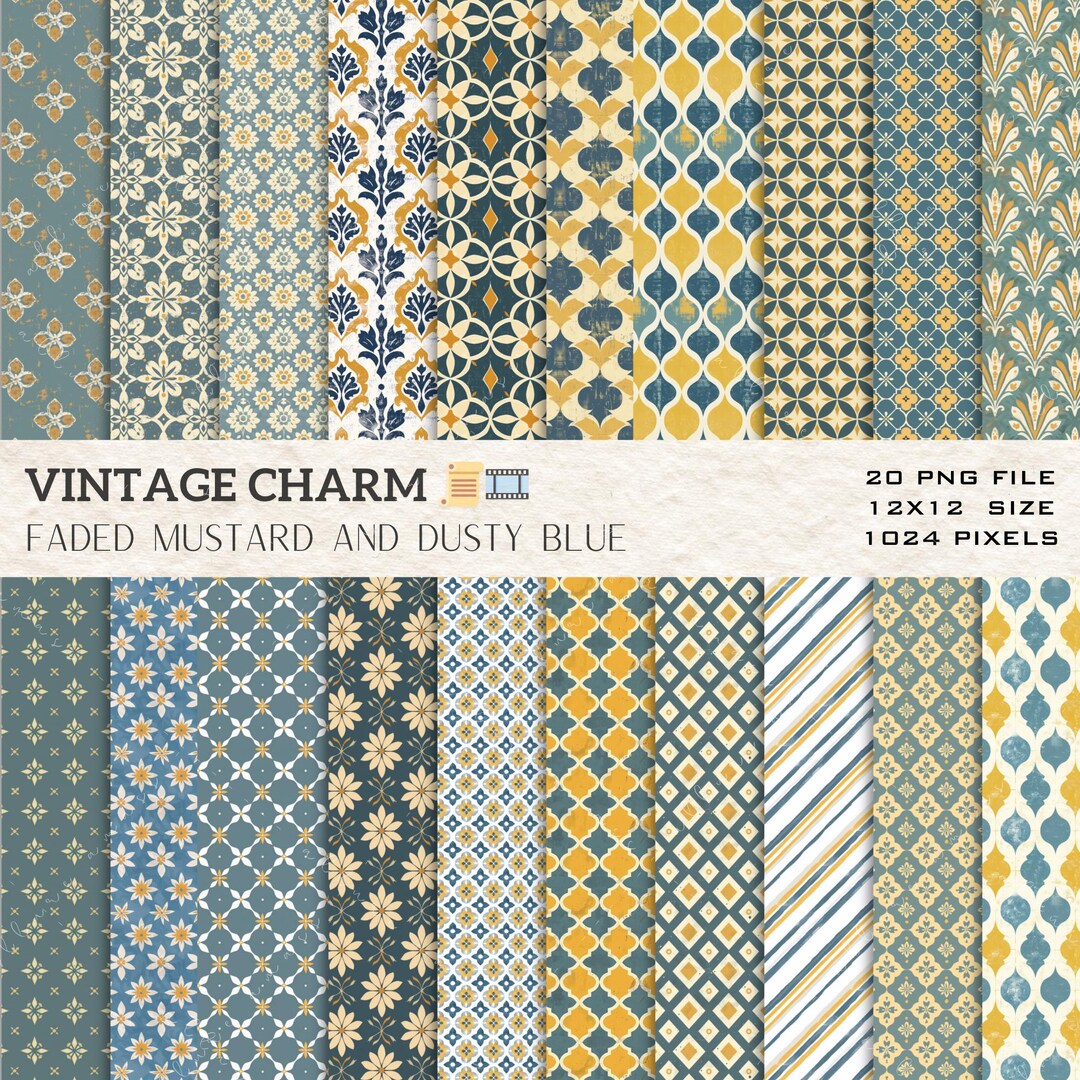 Faded Mustard and Dusty Blue Seamless Patterns – Vintage Charm Digital ...