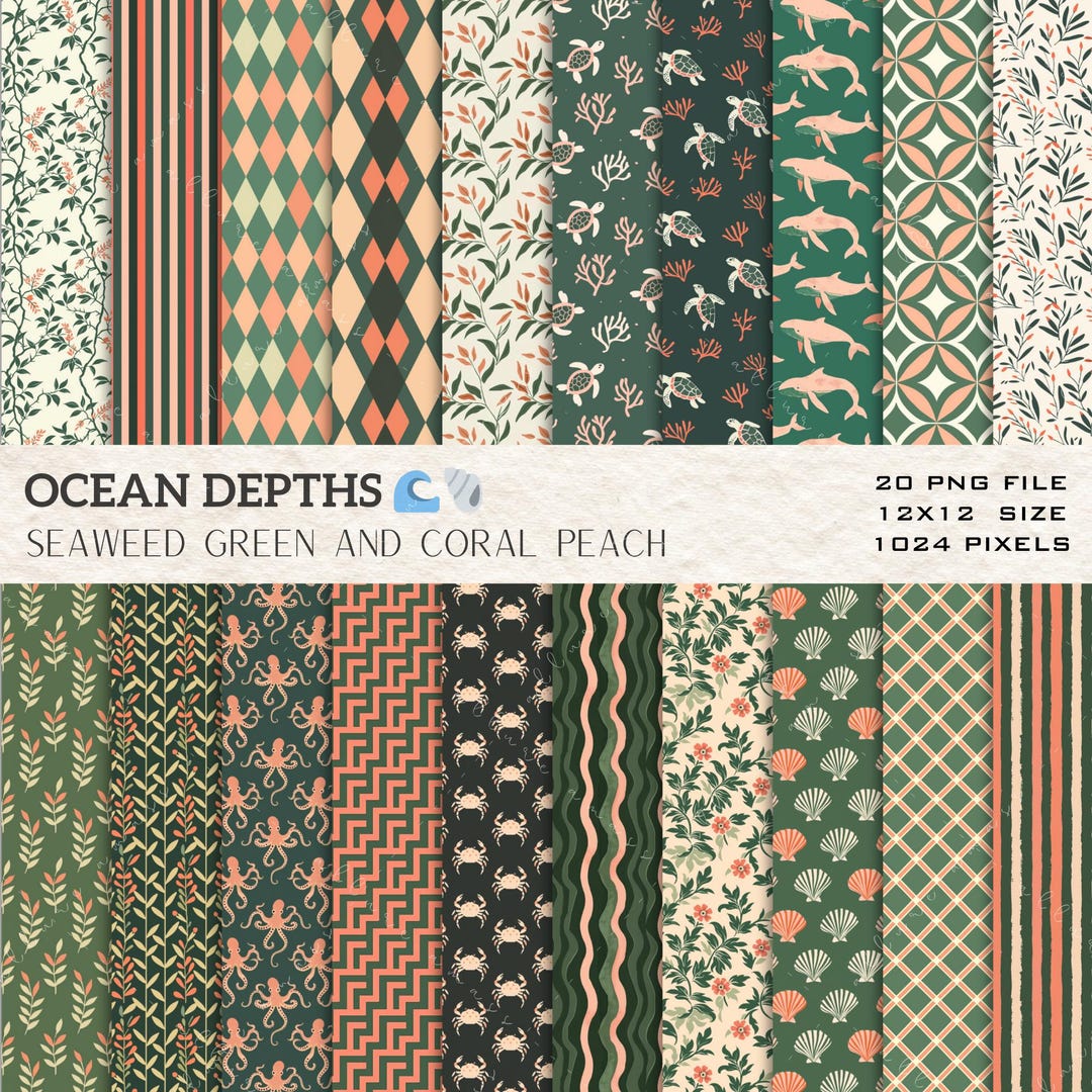 Seaweed Green and Coral Peach Seamless Patterns – Ocean Depths Digital ...