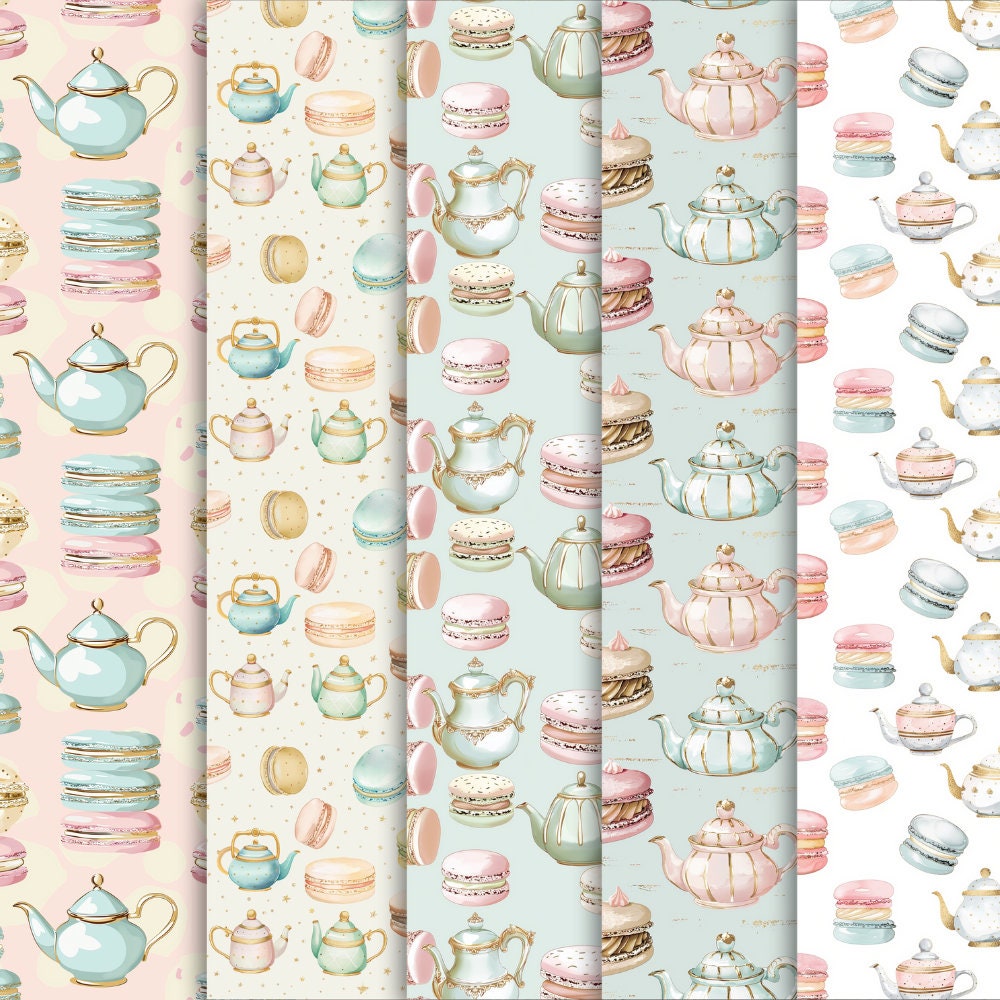 Teapot and Macaron Digital Paper, French Patisserie Pattern, High Tea ...