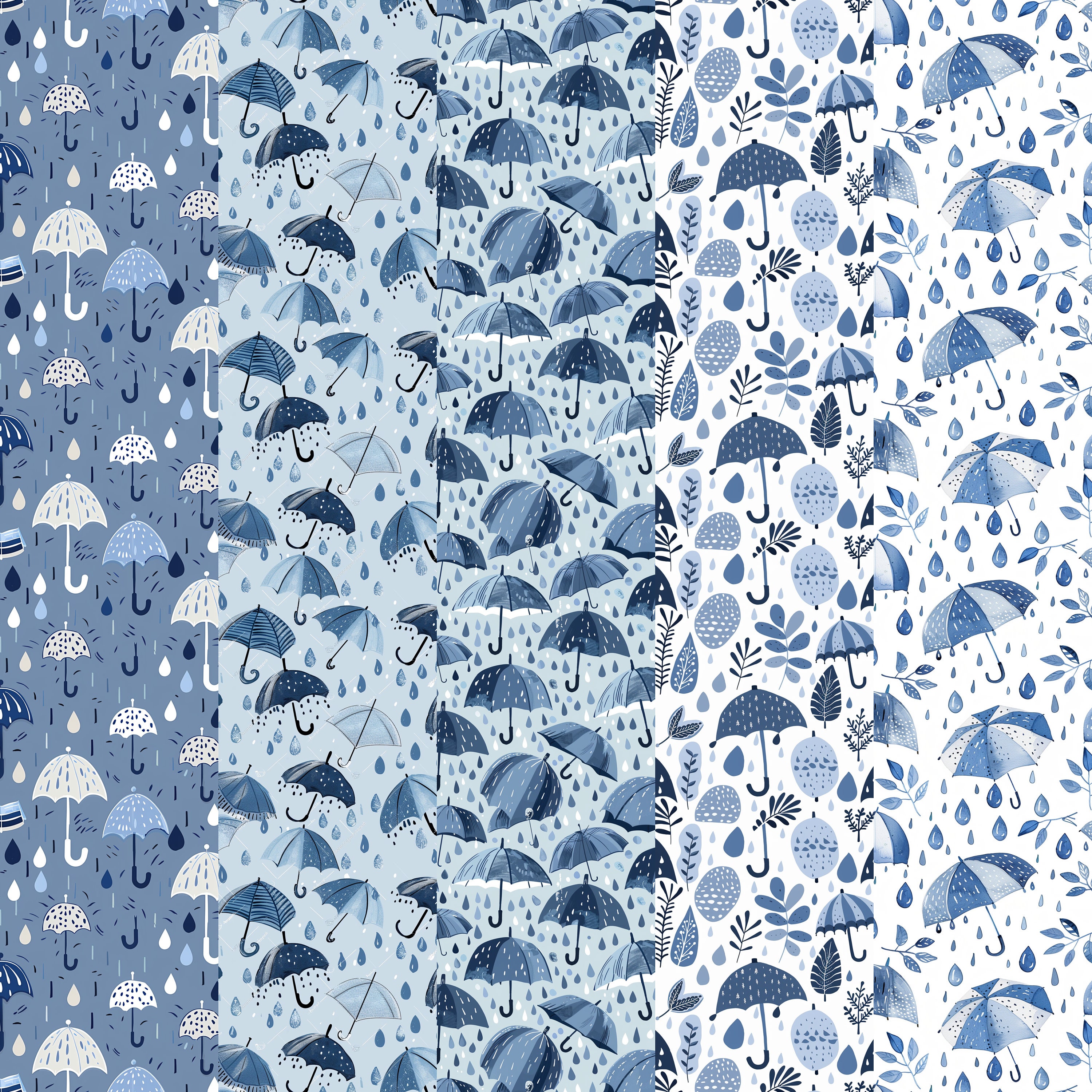 Blue Rain Pattern Digital Paper Pack Seamless Umbrella & Raindrops ...