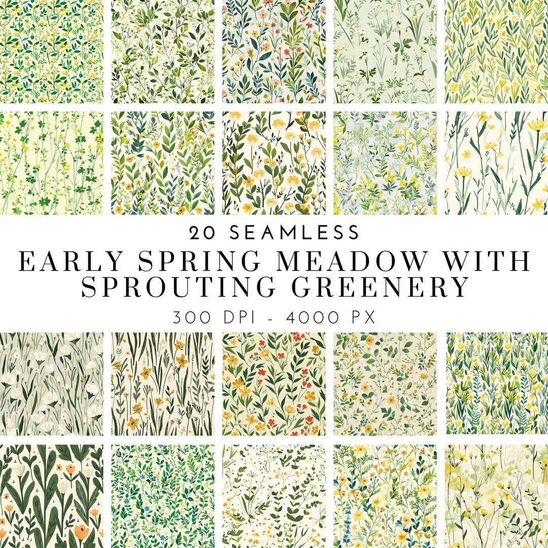 Early Spring Meadow Seamless Patterns Sprouting Greenery Digital Paper ...