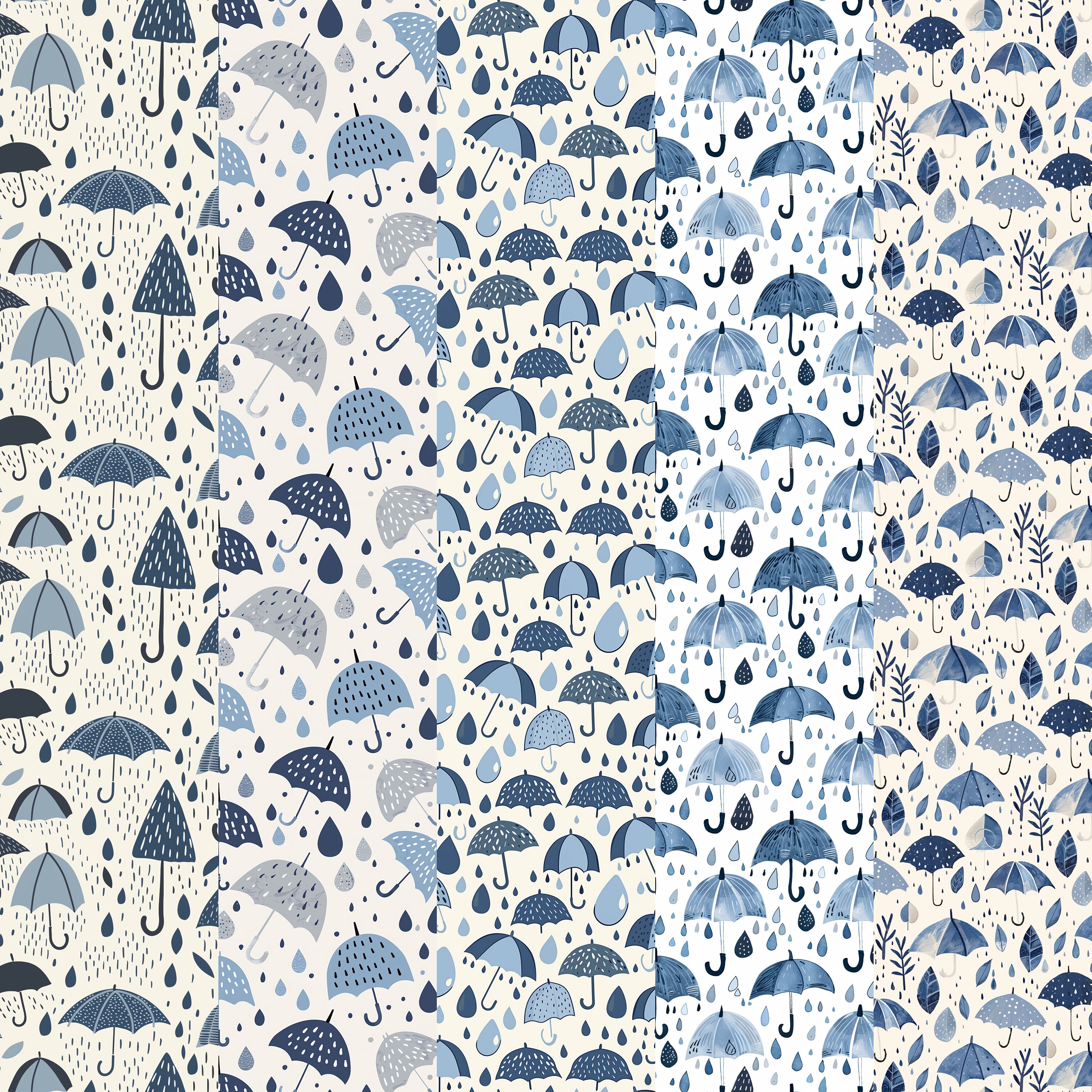Blue Rain Pattern Digital Paper Pack Seamless Umbrella & Raindrops ...