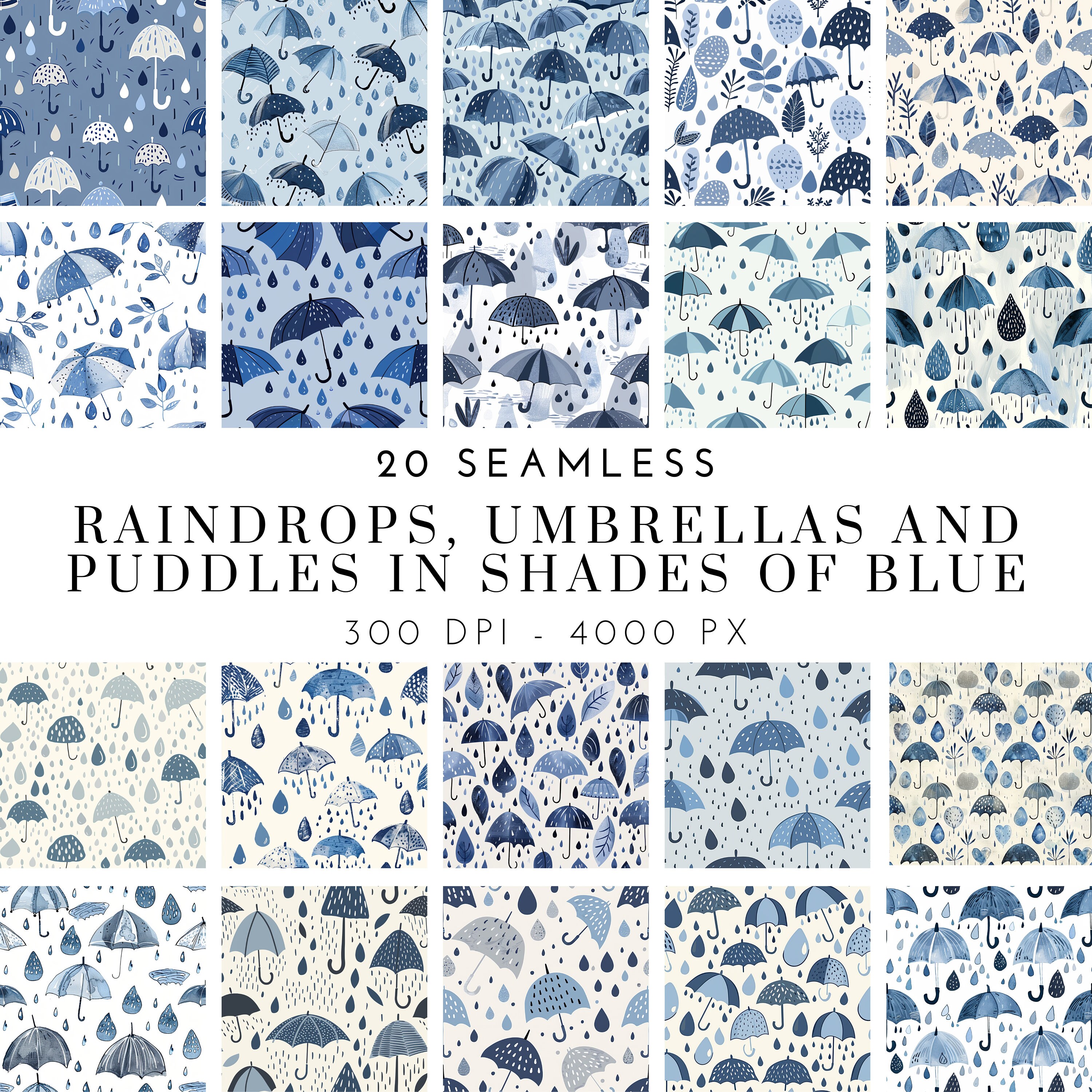 Blue Rain Pattern Digital Paper Pack Seamless Umbrella & Raindrops ...