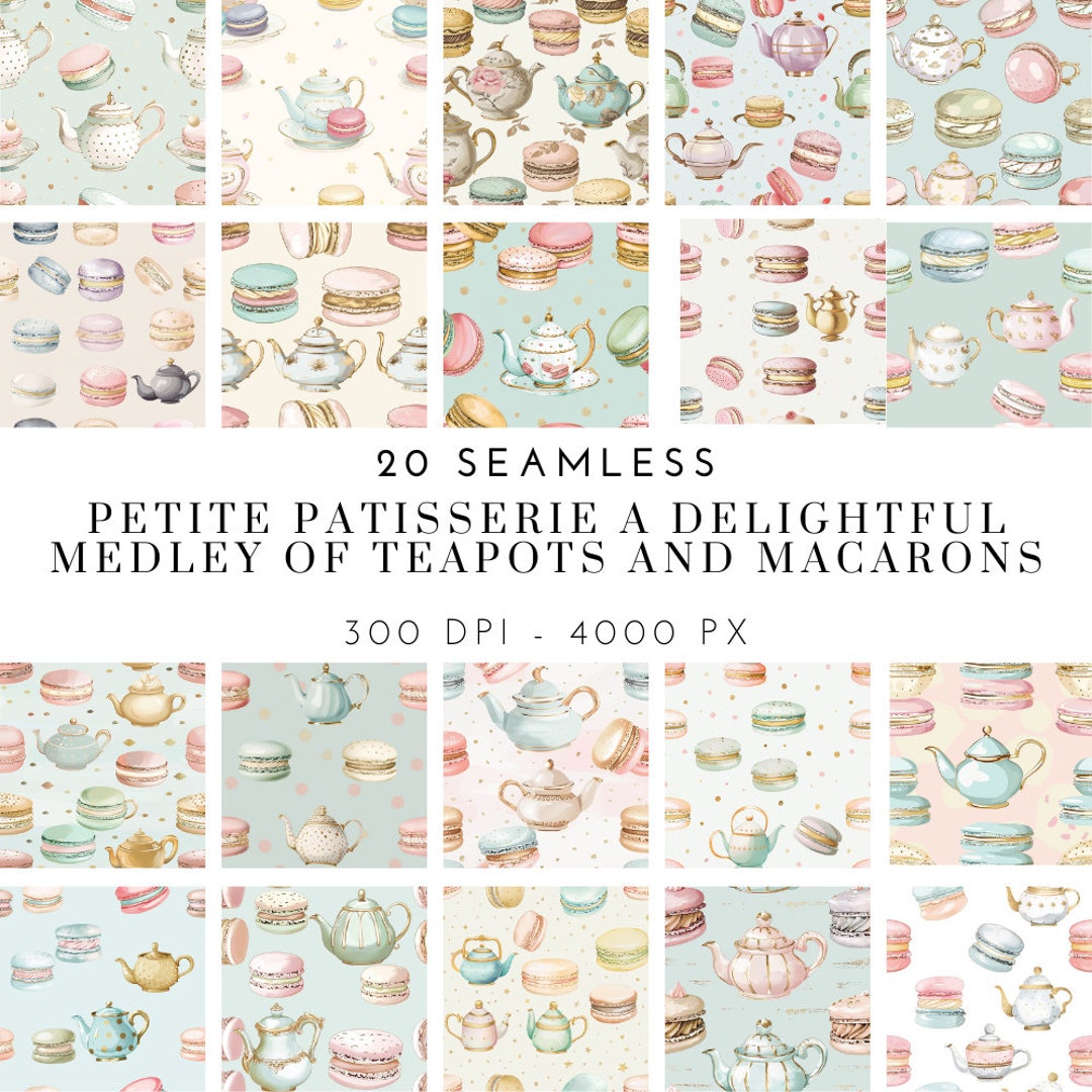 Teapot and Macaron Digital Paper, French Patisserie Pattern, High Tea ...