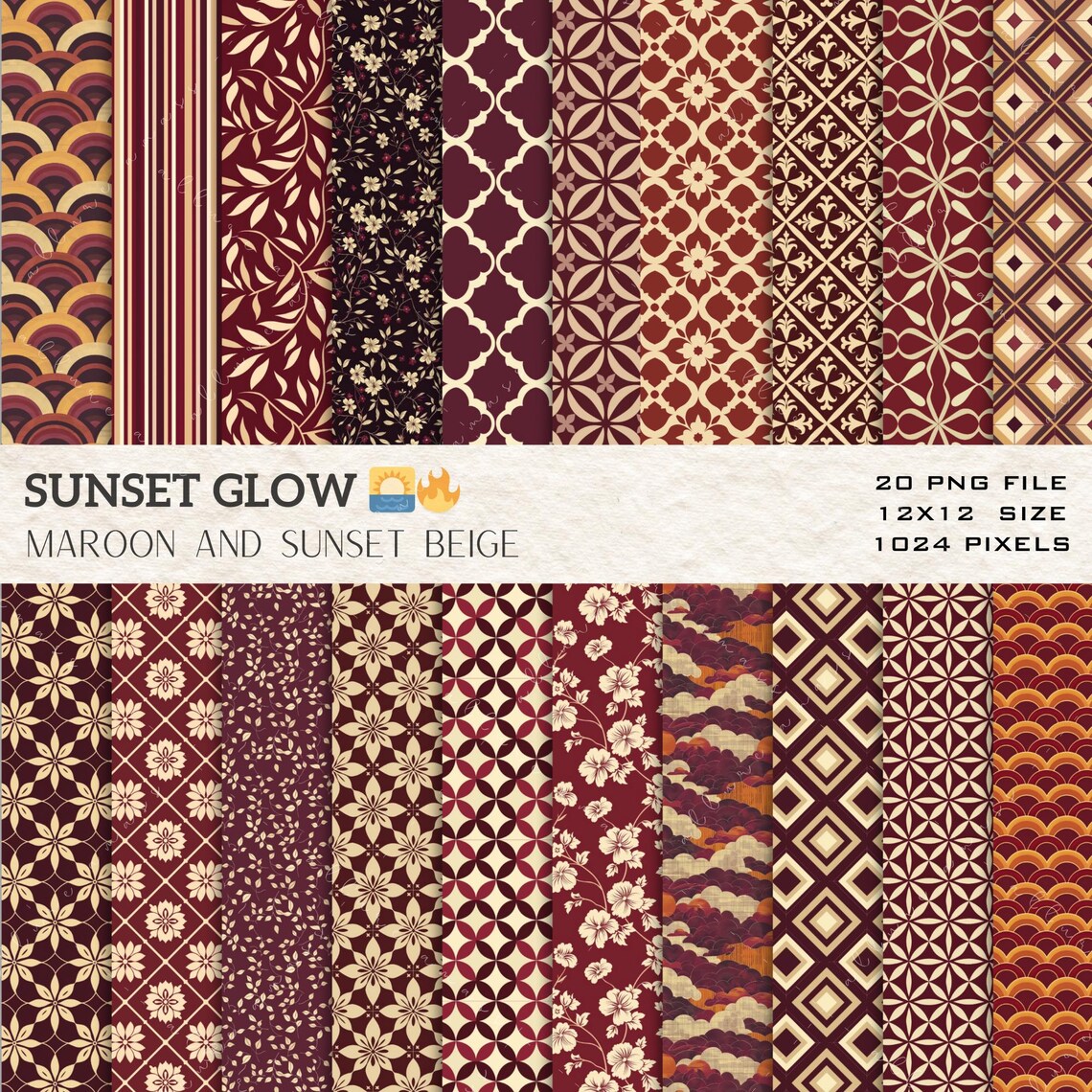 Sunset Glow Digital Paper Pack – Maroon and Sunset Beige Seamless ...