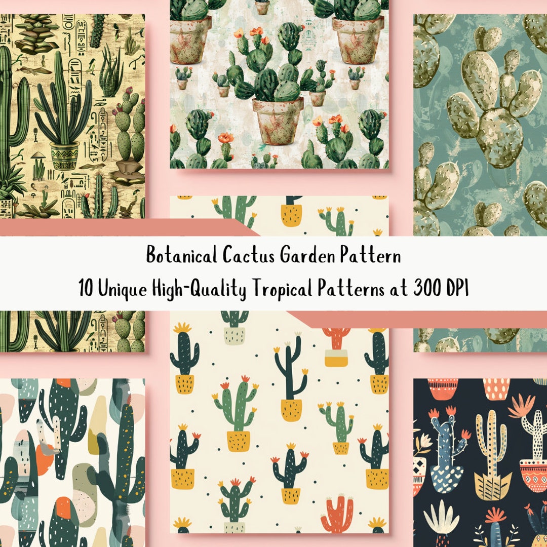 Botanical Cactus Garden Pattern Seamless Watercolor Digital Paper for Wallpaper, Scrapbooking ...