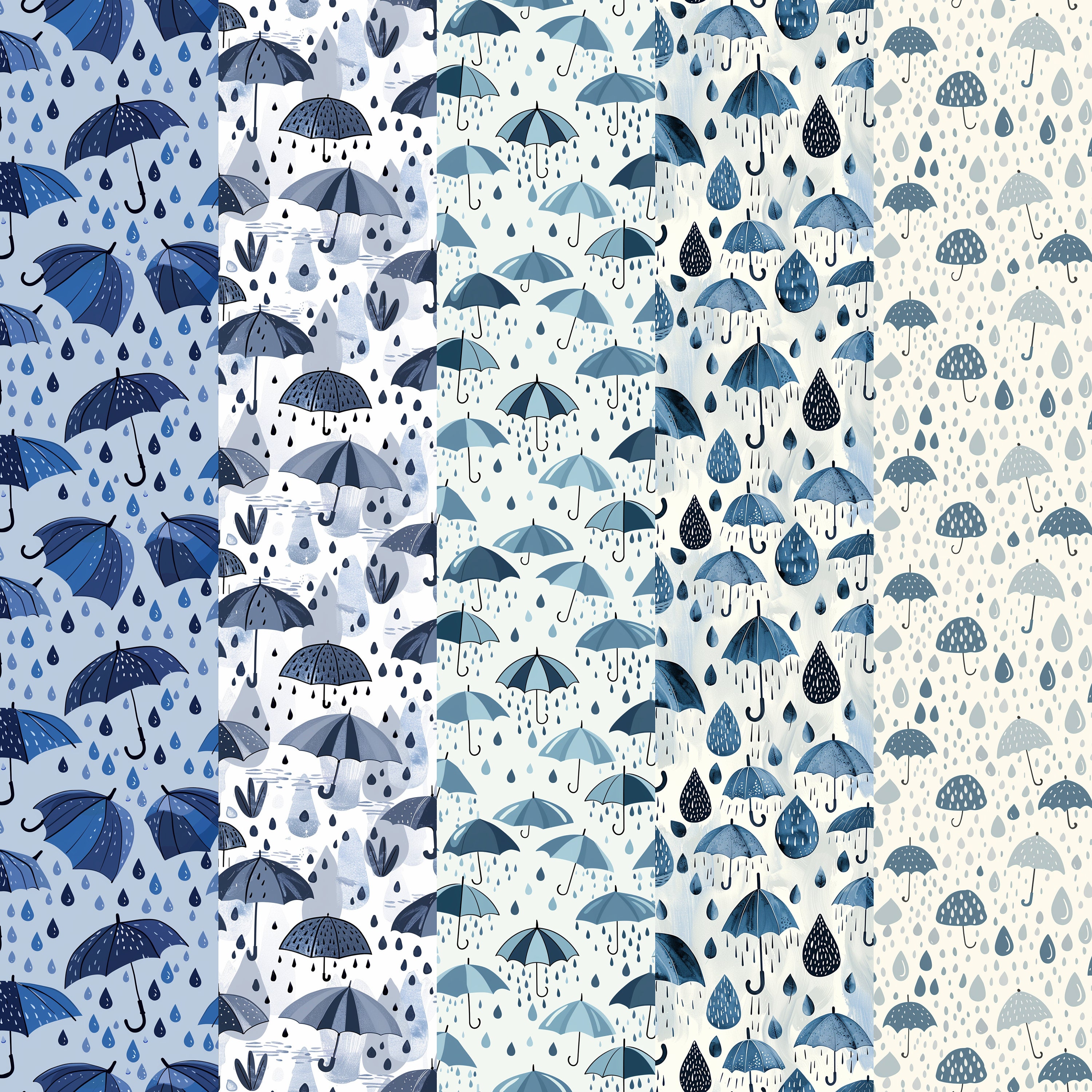 Blue Rain Pattern Digital Paper Pack Seamless Umbrella & Raindrops ...