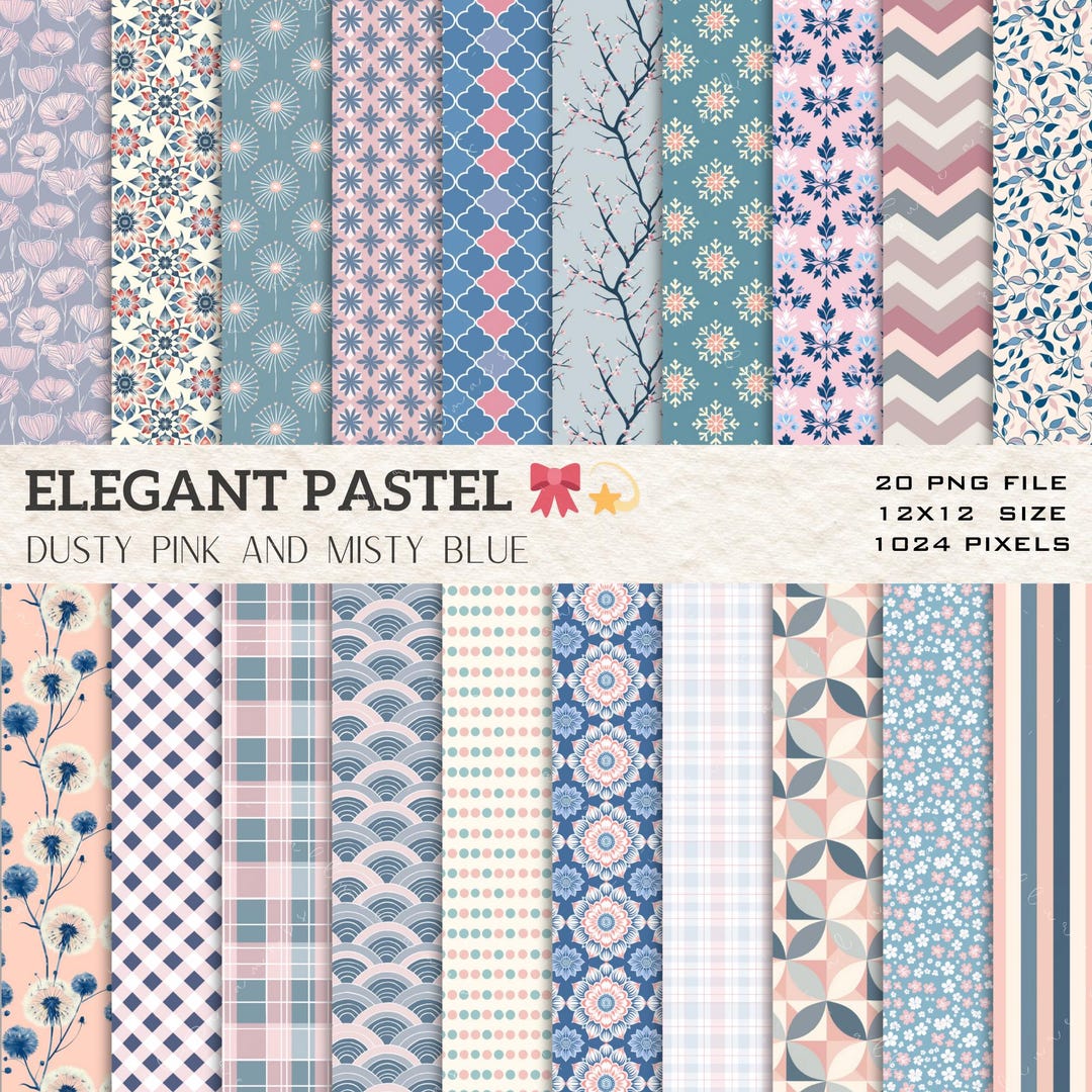 Elegant Pastel Digital Paper Pack – Dusty Pink and Misty Blue Seamless ...