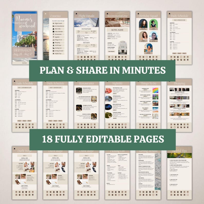 Digital Travel Itinerary Template, Birthday Weekend Itinerary, Editable ...