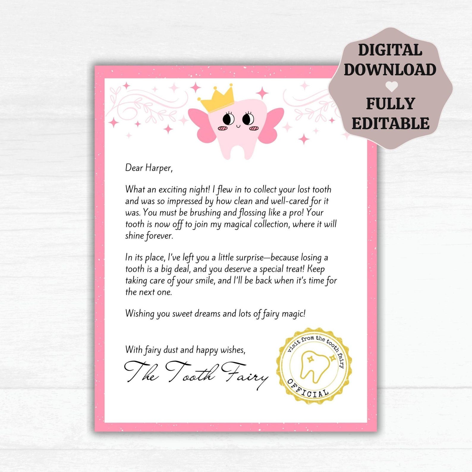 Letter From Tooth Fairy, Printable Tooth Fairy Letter, Editable Tooth ...