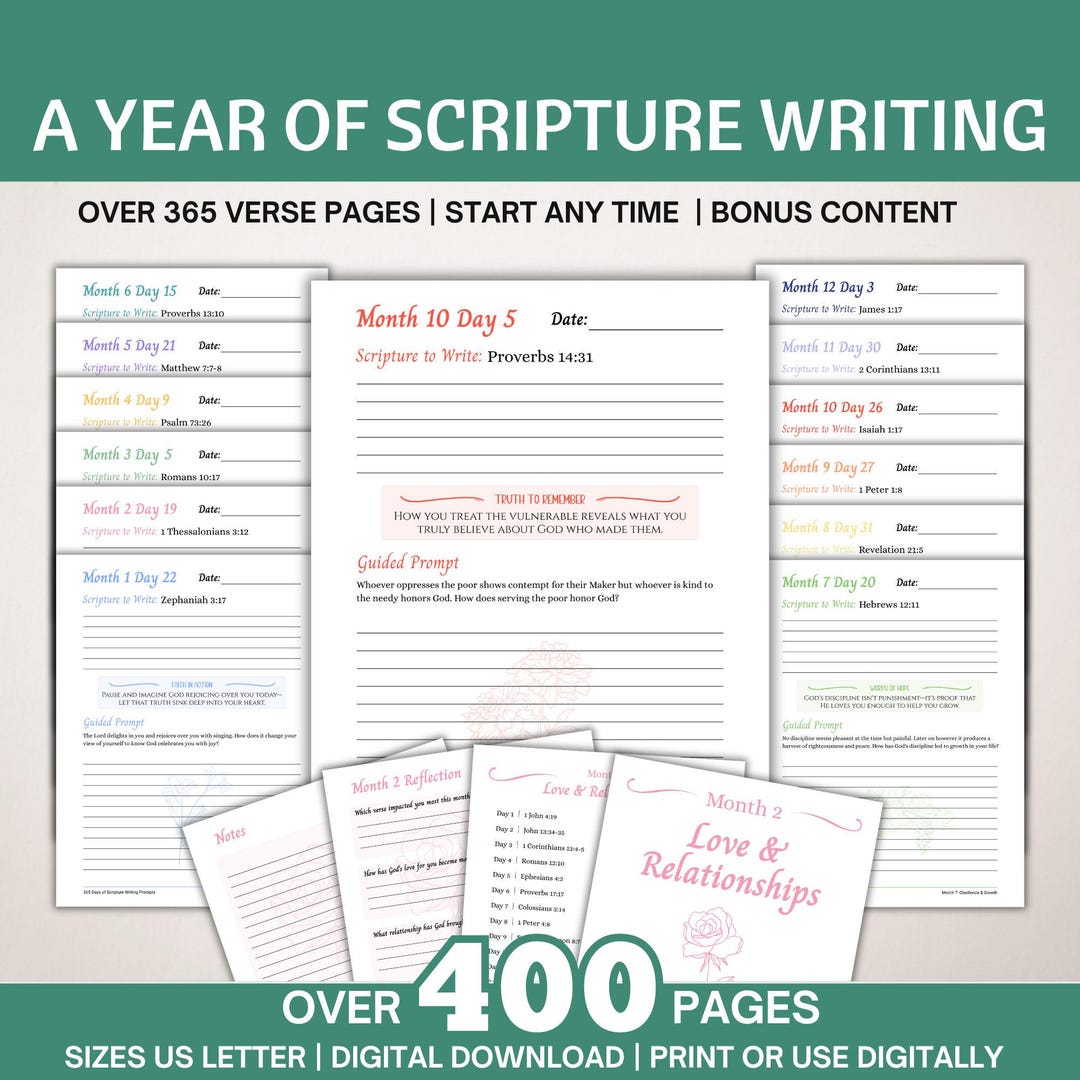 Daily Scripture Writing Journal, A Year of Bible Verses, Printable 365 ...