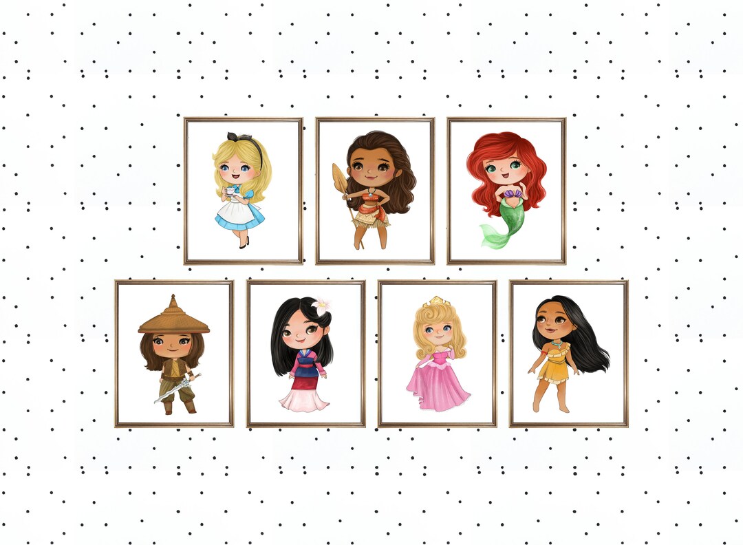 Cute Princess Wall Art Raya, Mulan, Ariel, Moana, Alice, Pocahontas ...