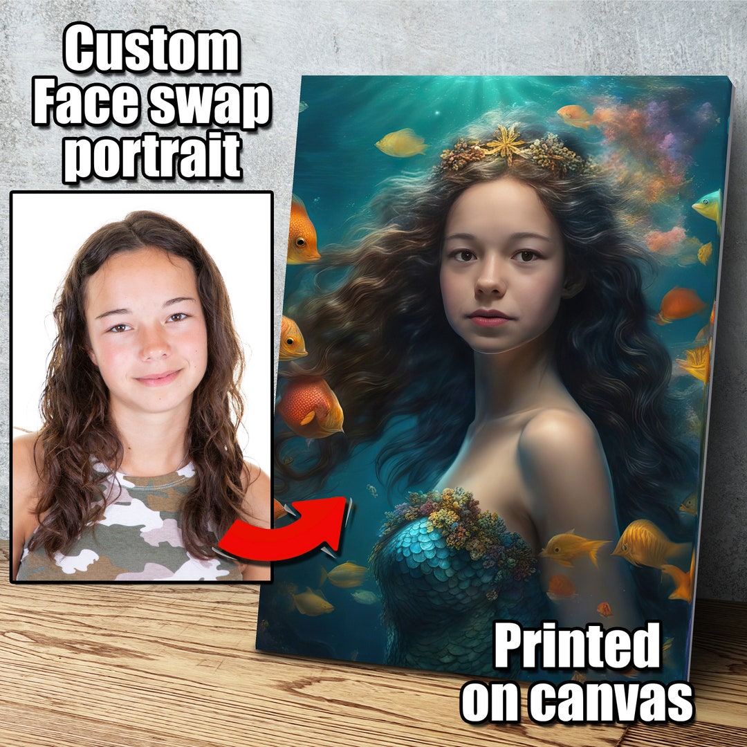 Personalized Mermaid Portrait Face Swap Printed on Canvas or Digital ...