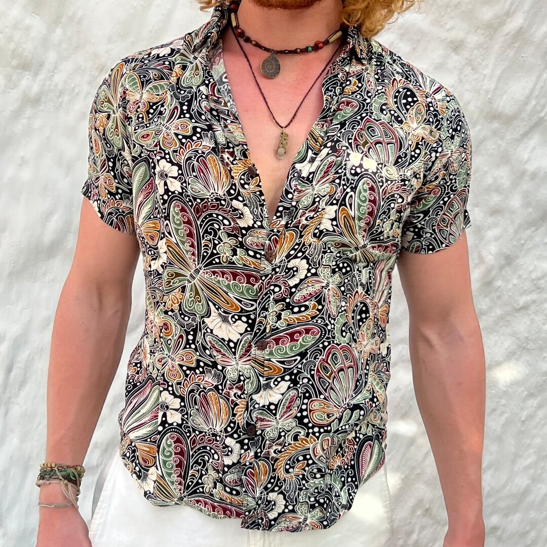 Buta Butterfly Handmade Boho Shirt for Men Forest Green Gift for Him ...