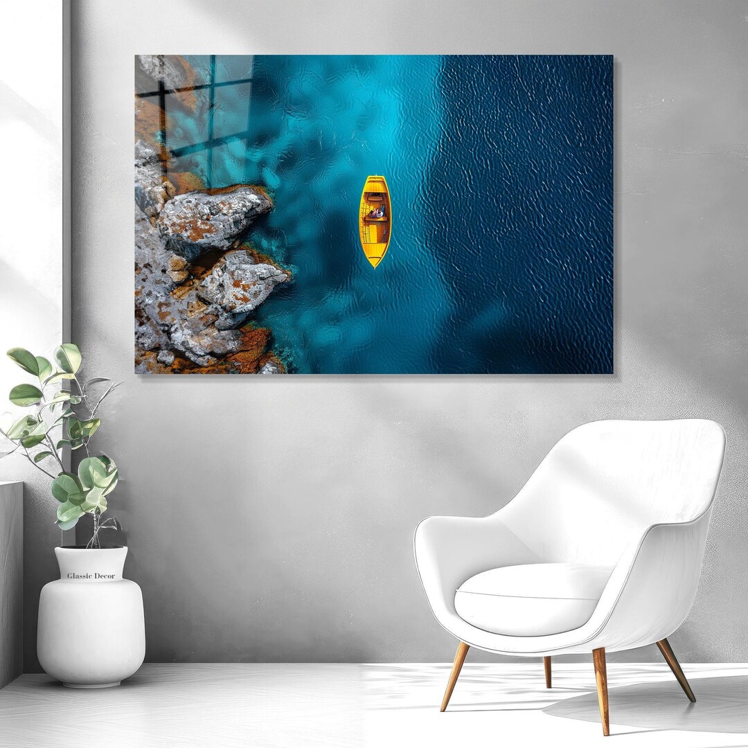 Blue Sea Coastal Wall Art, Minimalistic Photography, Boat Seascape ...