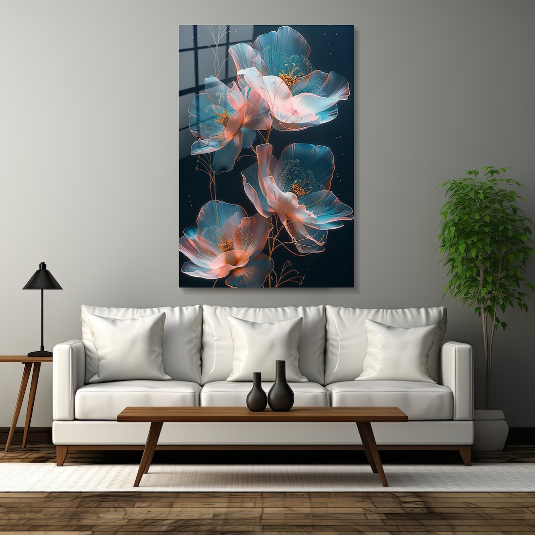Modern Floral Wall Art, Gift Ideas for Wall Hanging, Floral Wall Decor, Tempered Glass Print ...