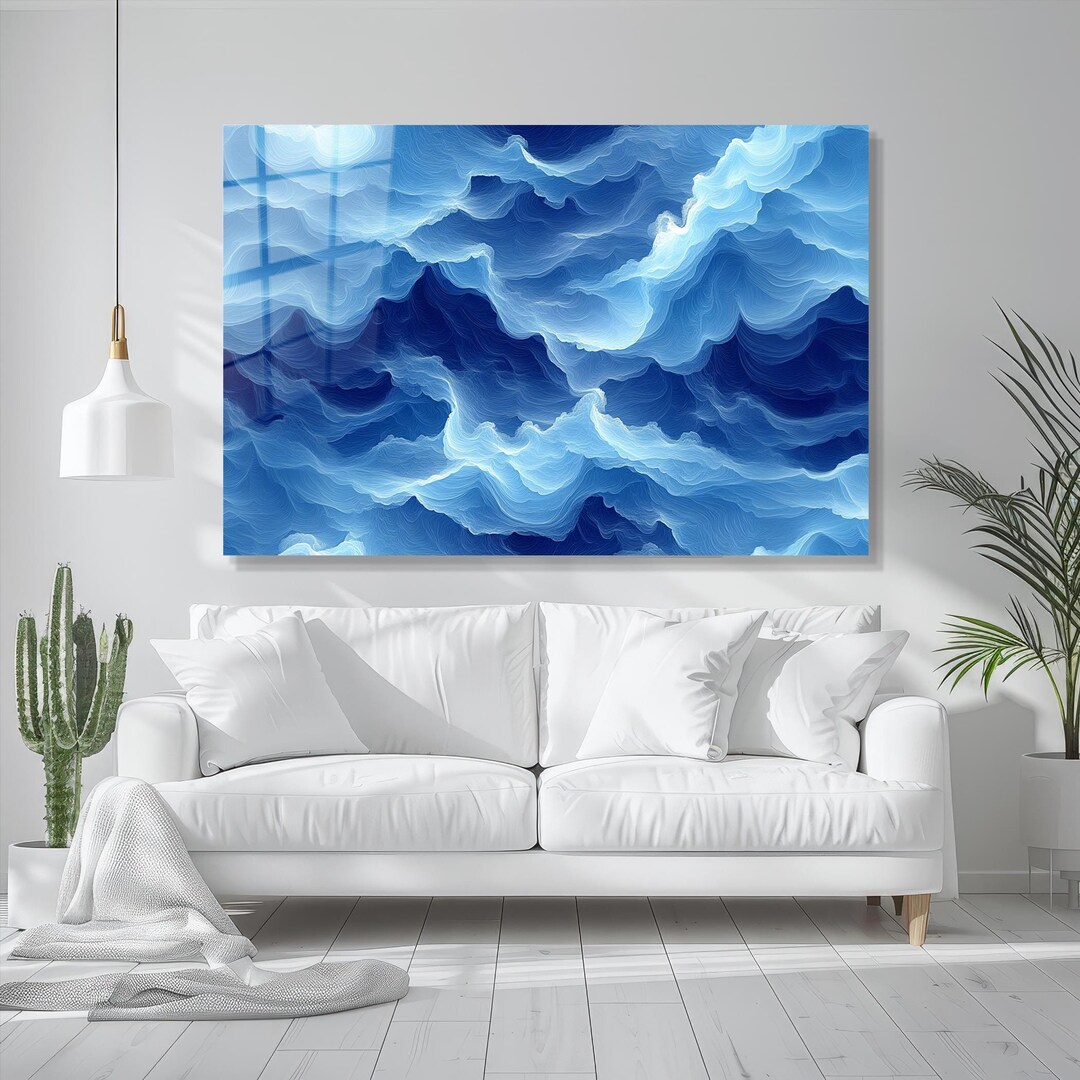 Blue Wall Art, Glass Wall Decor for Living Room, Large Horizontal ...