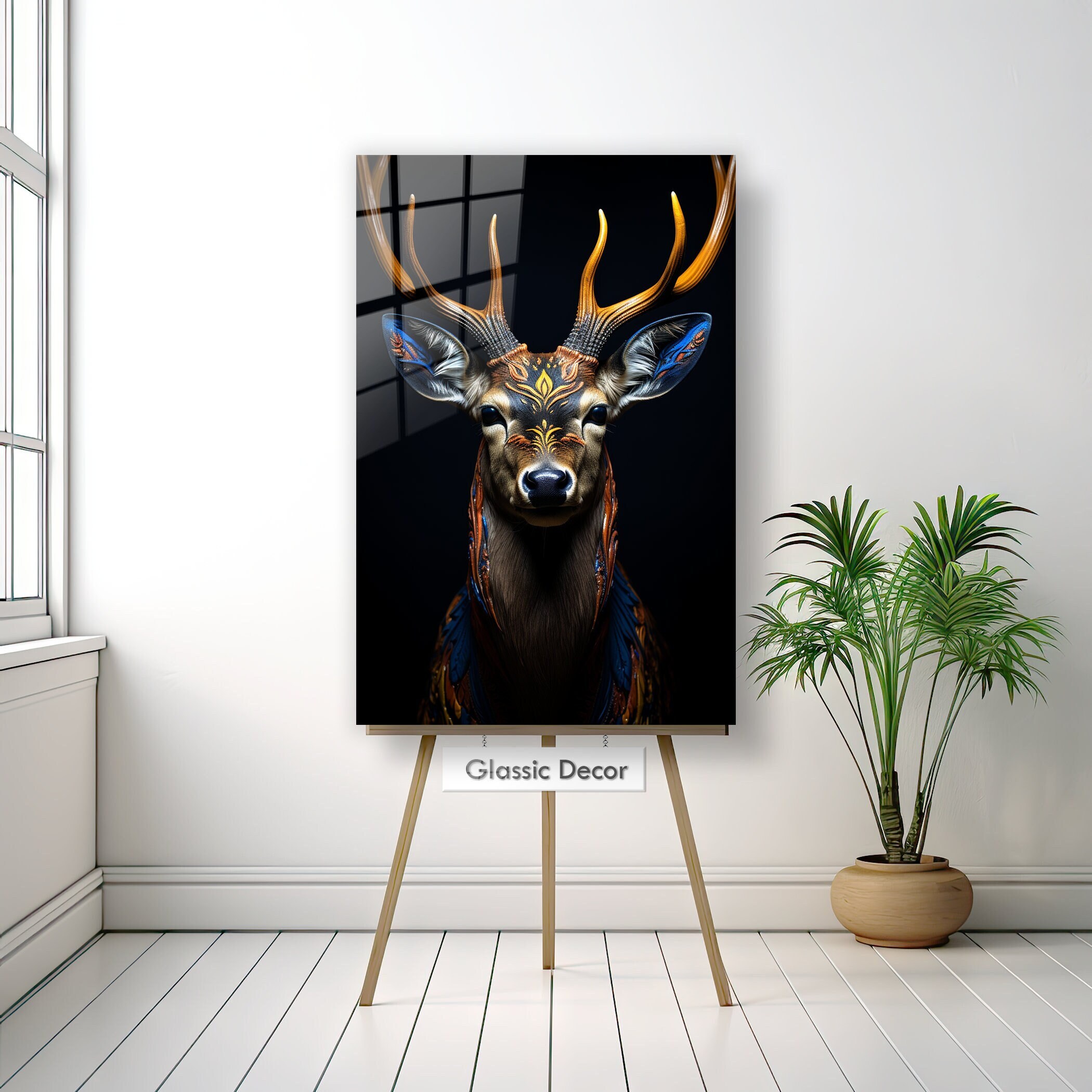Deer Wall Art Decor, Deer Painting, Colorful Animal Portrait, Tempered ...