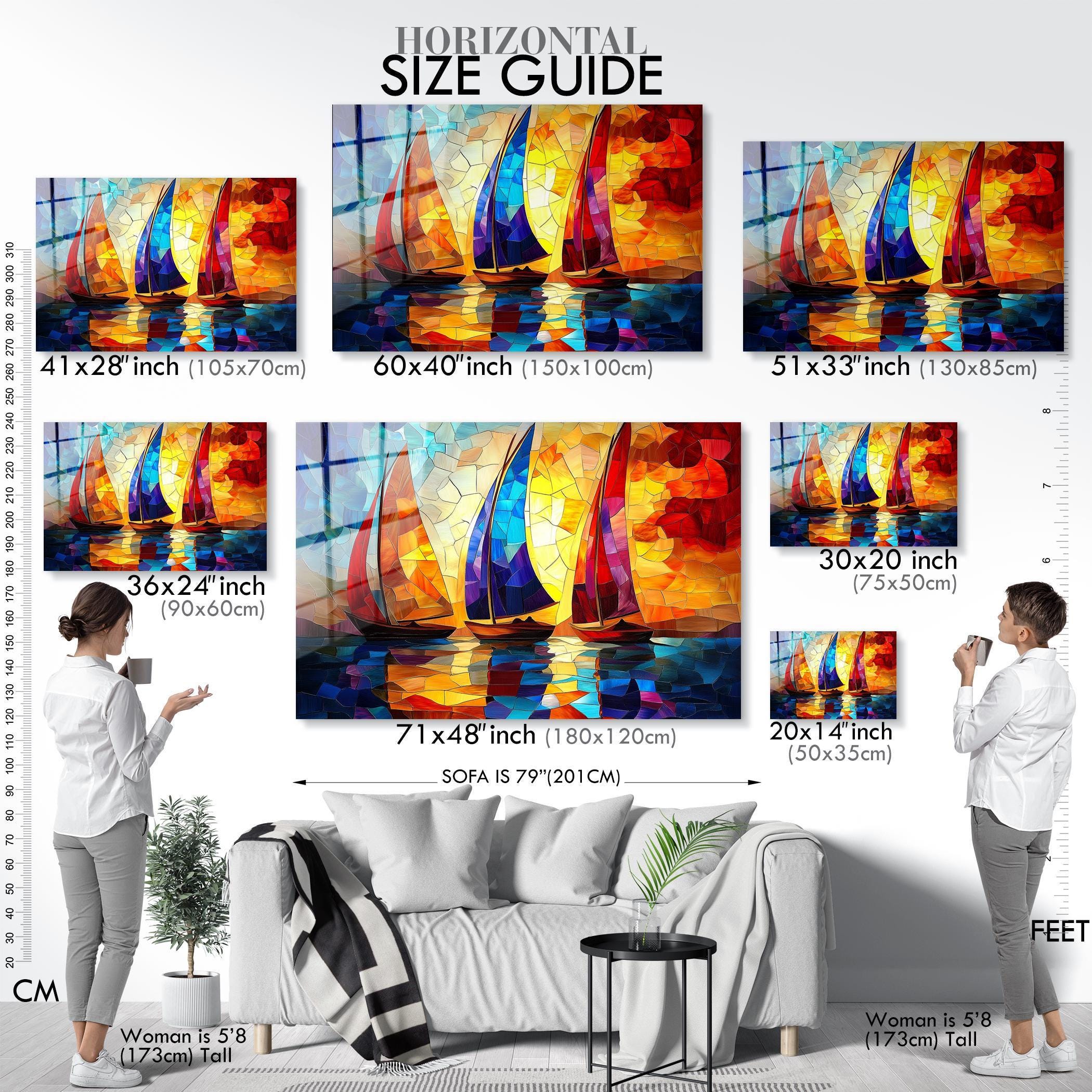 Sailing Boats Stained Glass Wall Art, Nautical Seascape Tempered Glass ...