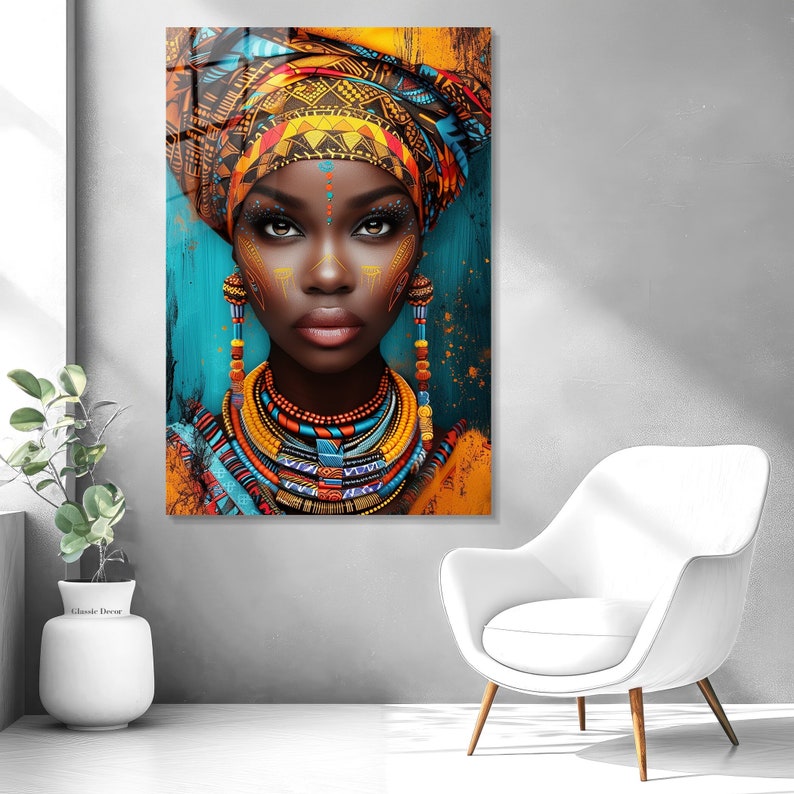 African Woman Wall Art, Black Girl Portrait, Colorful Large Wall Decor, Tempered Glass Wall Art ...