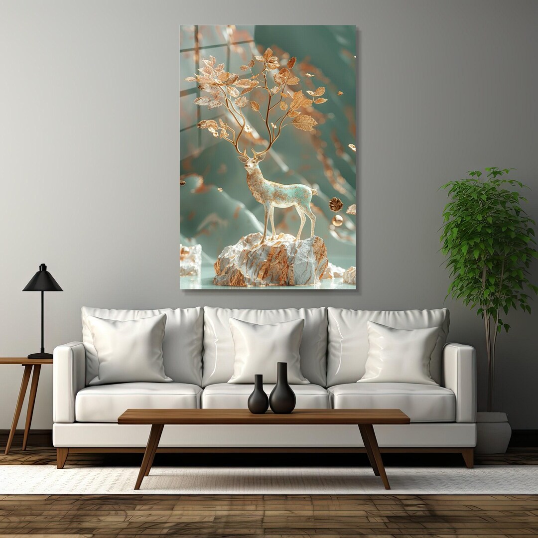 Gold Deer Money Tree Tempered Glass Wall Art, Abundance Theme - Etsy