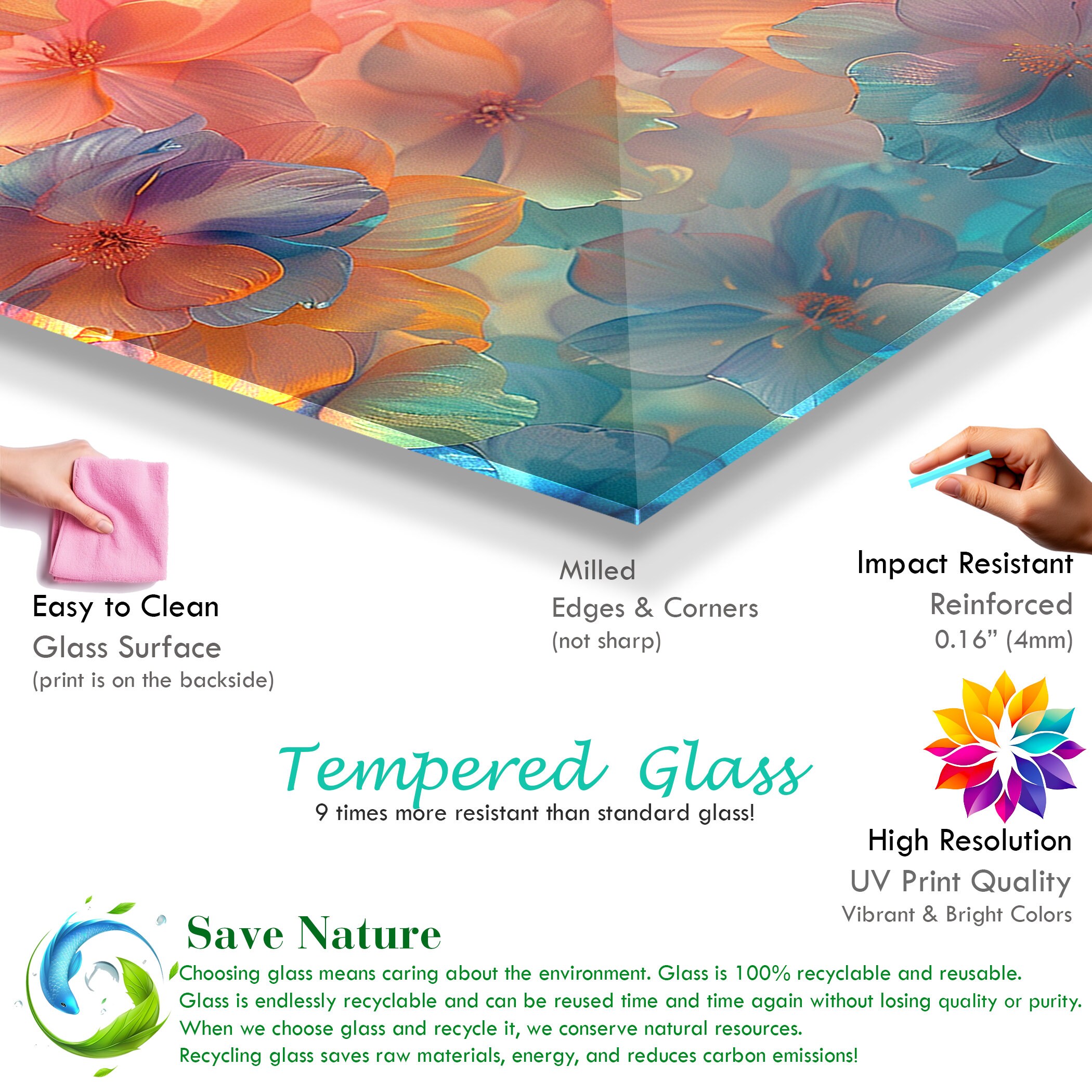 Large Vivid Colorful, Glass Wall Decor, Glass Flowers Art Print ...