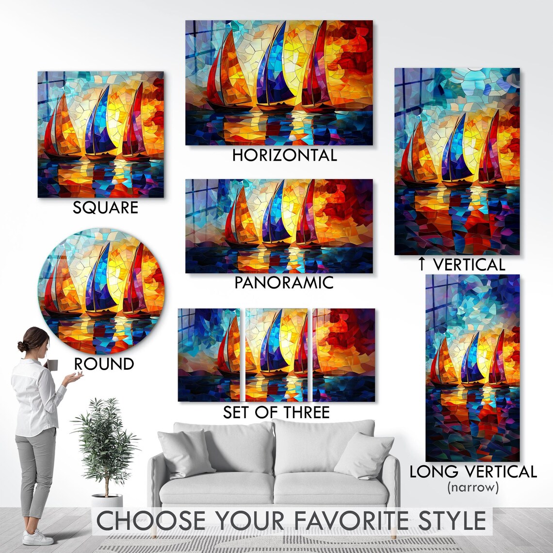 Sailing Boats Stained Glass Wall Art, Nautical Seascape Tempered Glass ...