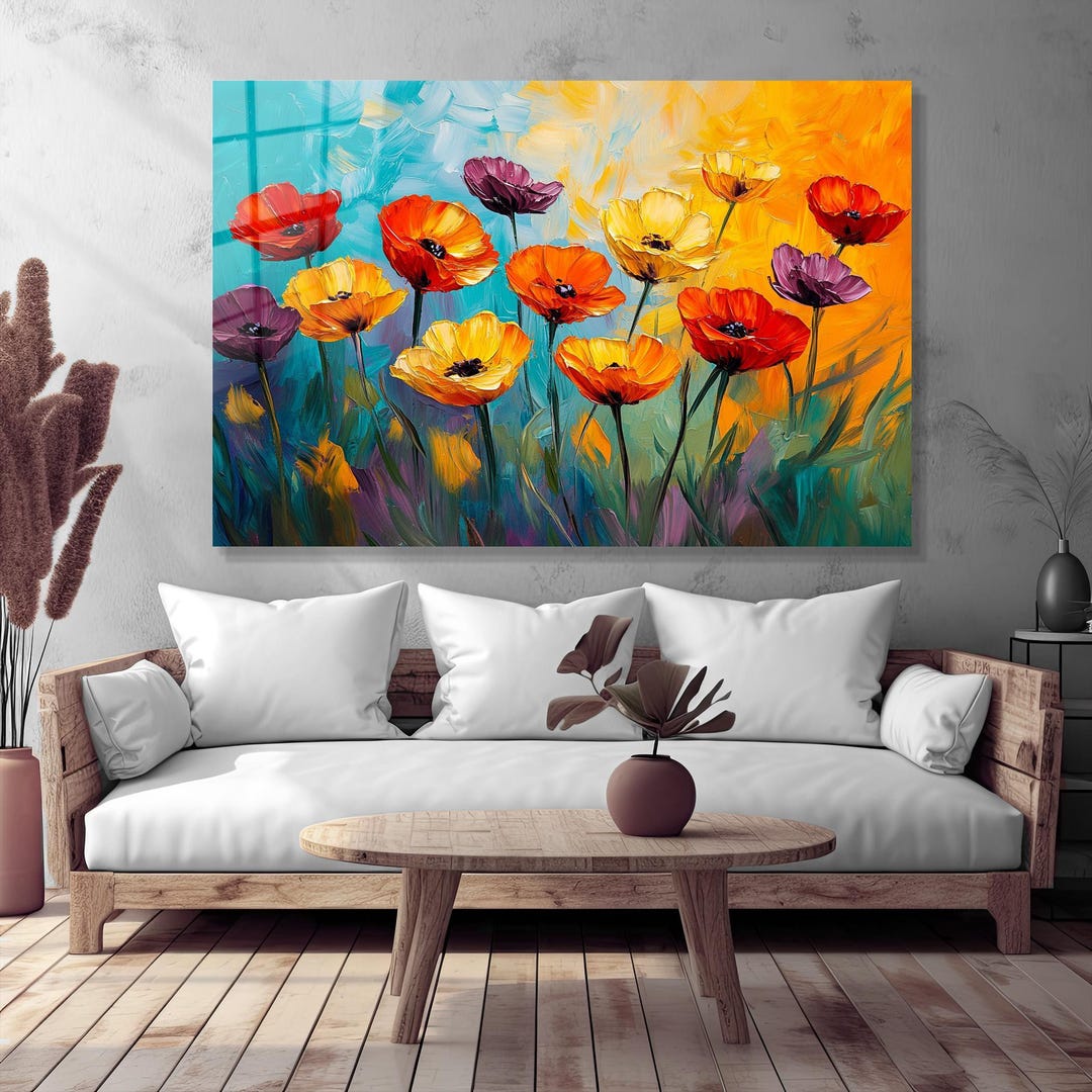 Long Horizontal Wall Art, Extra Large Vivid Colors Mural, Floral Wall ...