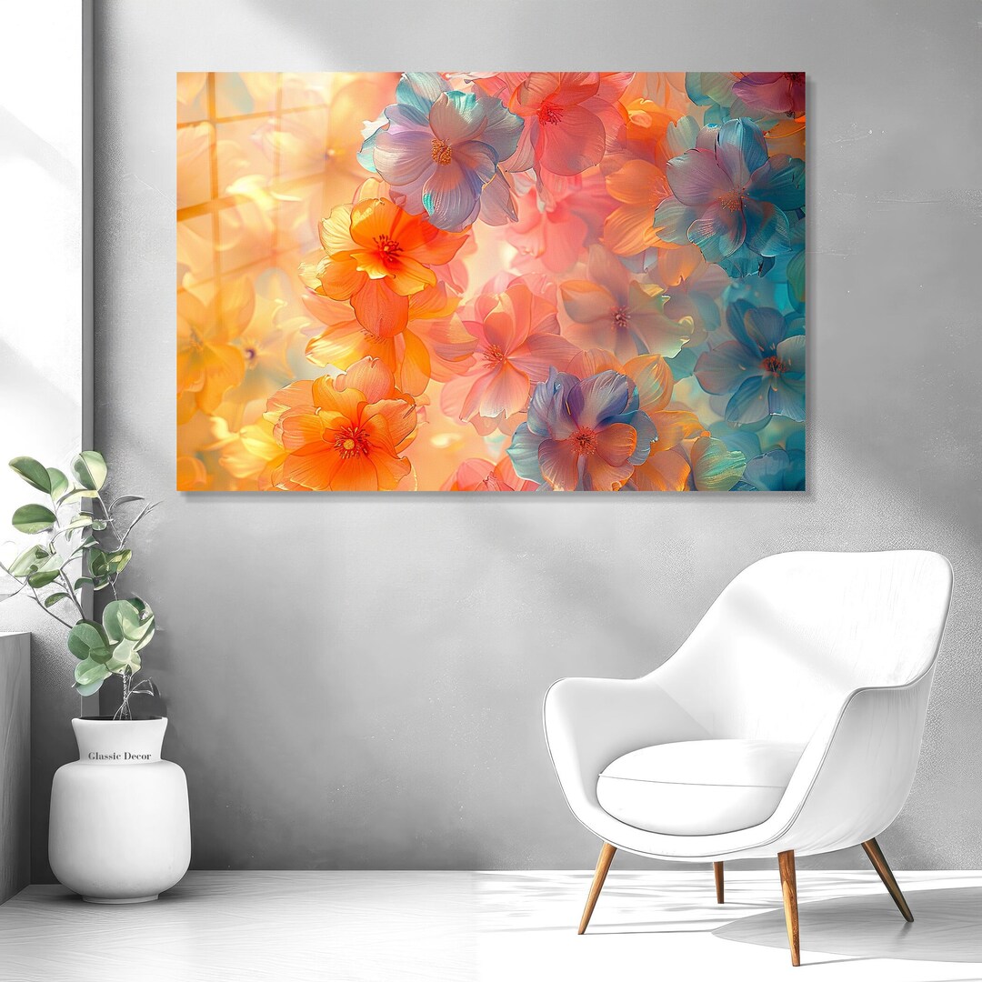 Large Vivid Colorful, Glass Wall Decor, Glass Flowers Art Print ...