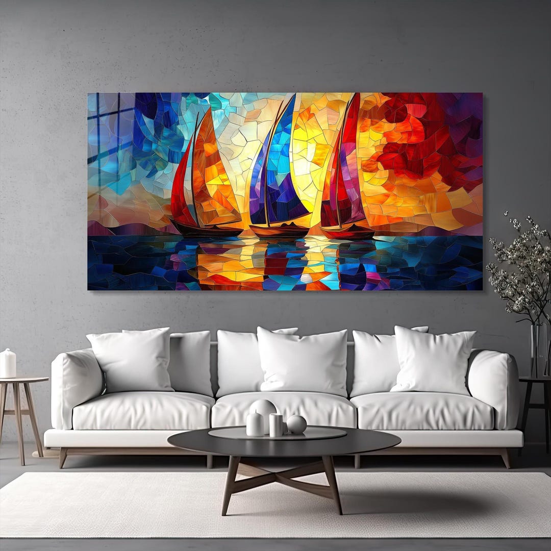 Sailing Boats Stained Glass Wall Art, Nautical Seascape Tempered Glass ...