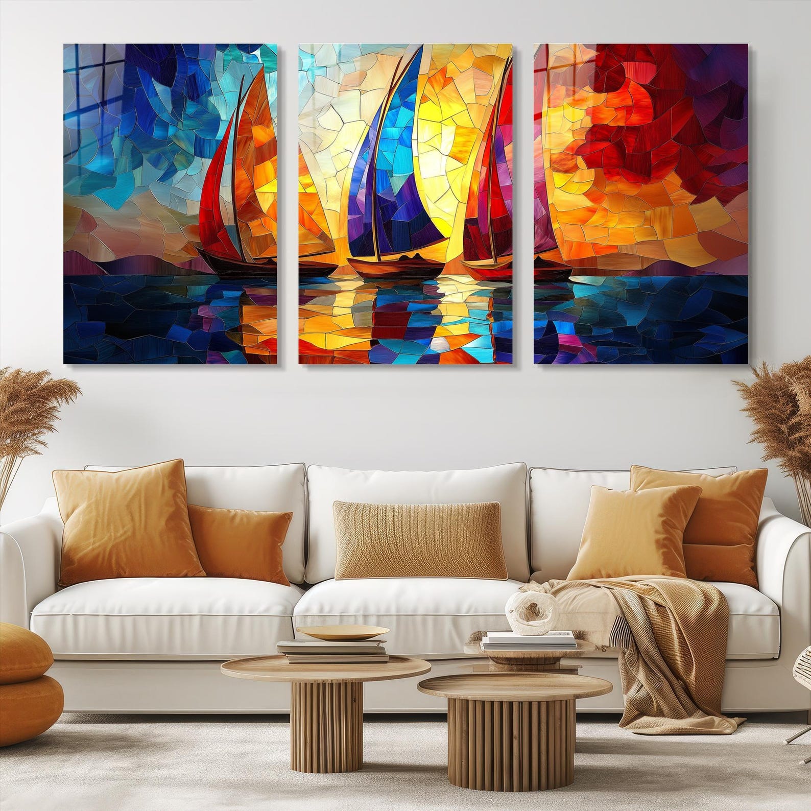 Sailing Boats Stained Glass Wall Art, Nautical Seascape Tempered Glass ...