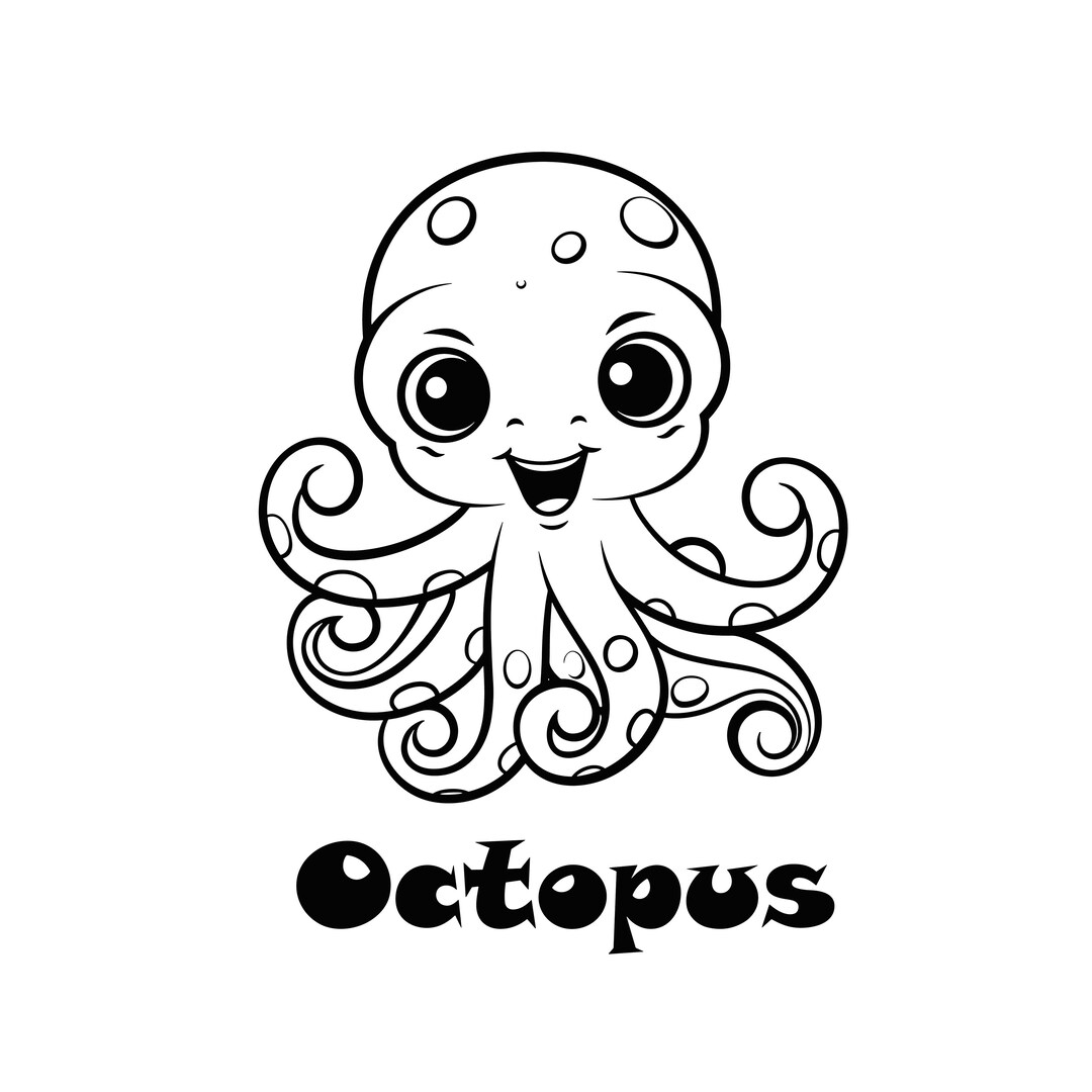 Cute Octopus SVG for Kids, Doodle Sea Animals PNG, Octopus Coloring ...