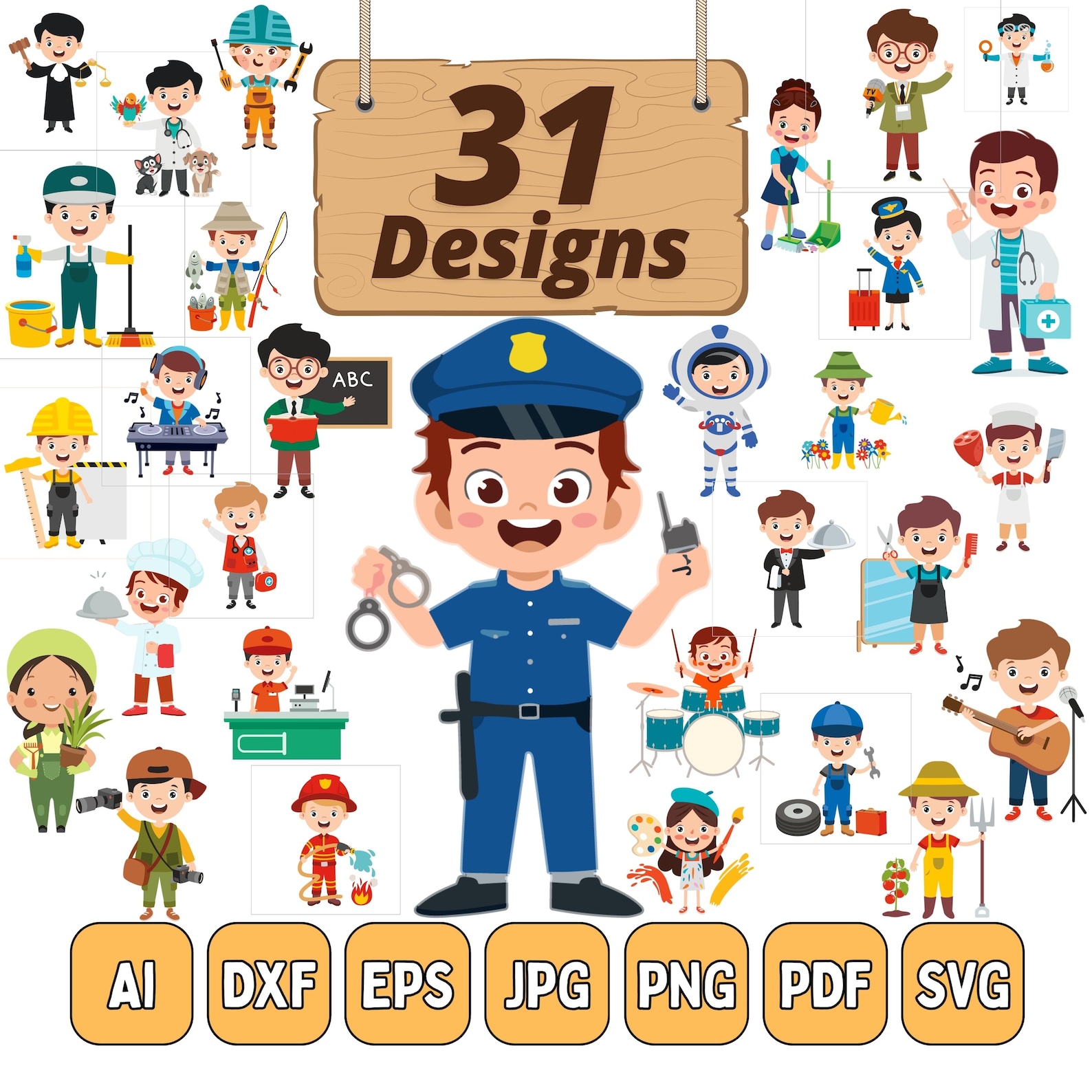 31 Occupation Kids SVG Bundle - Professions Clipart Set for Crafting ...