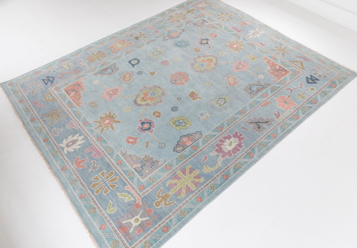Light Blue Hand Knotted Wool Rug Accent Blue Geometrical Turkish Oushak ...