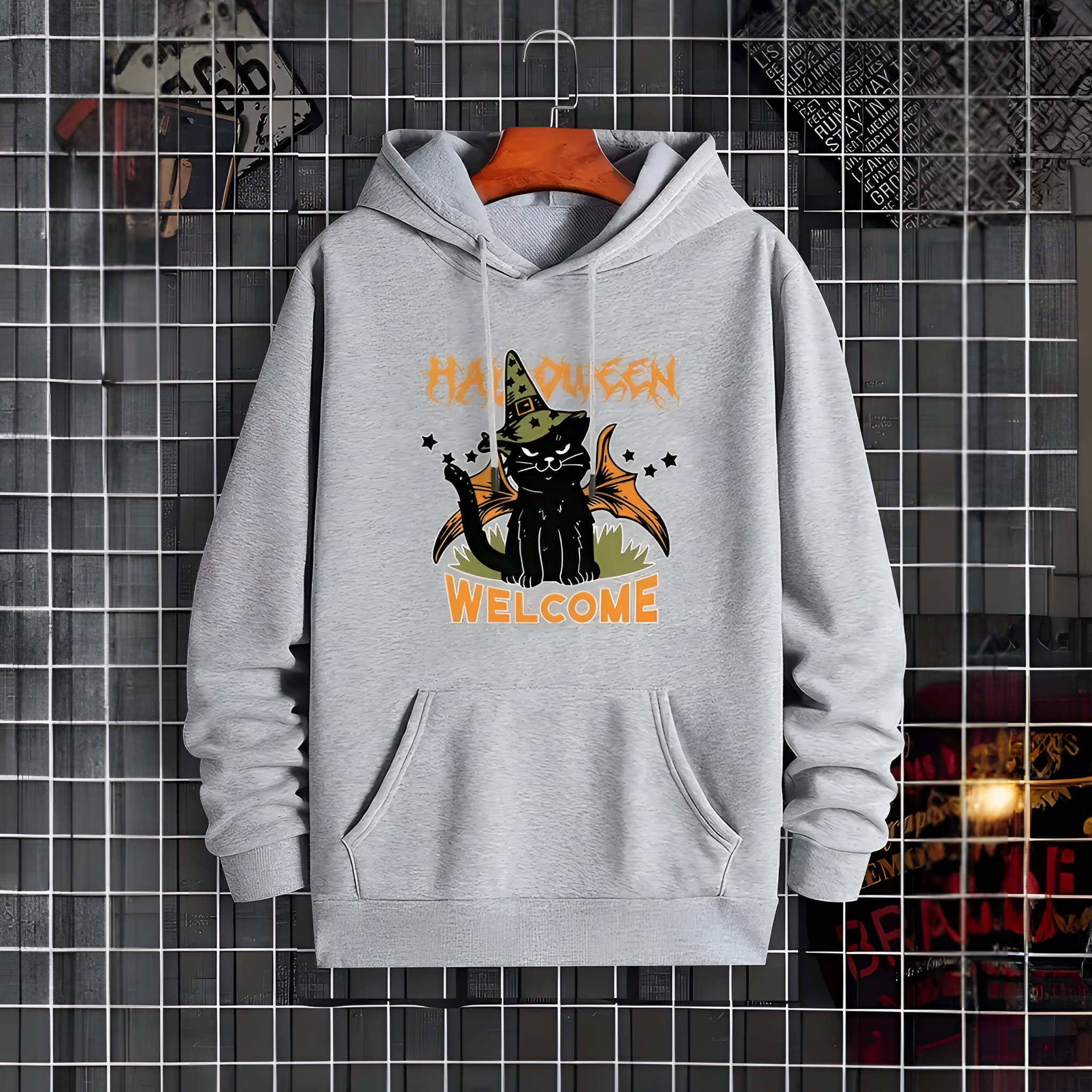Black Cat Halloween Print Hoodie, Men's Graphic Kangaroo Pocket Hooded ...
