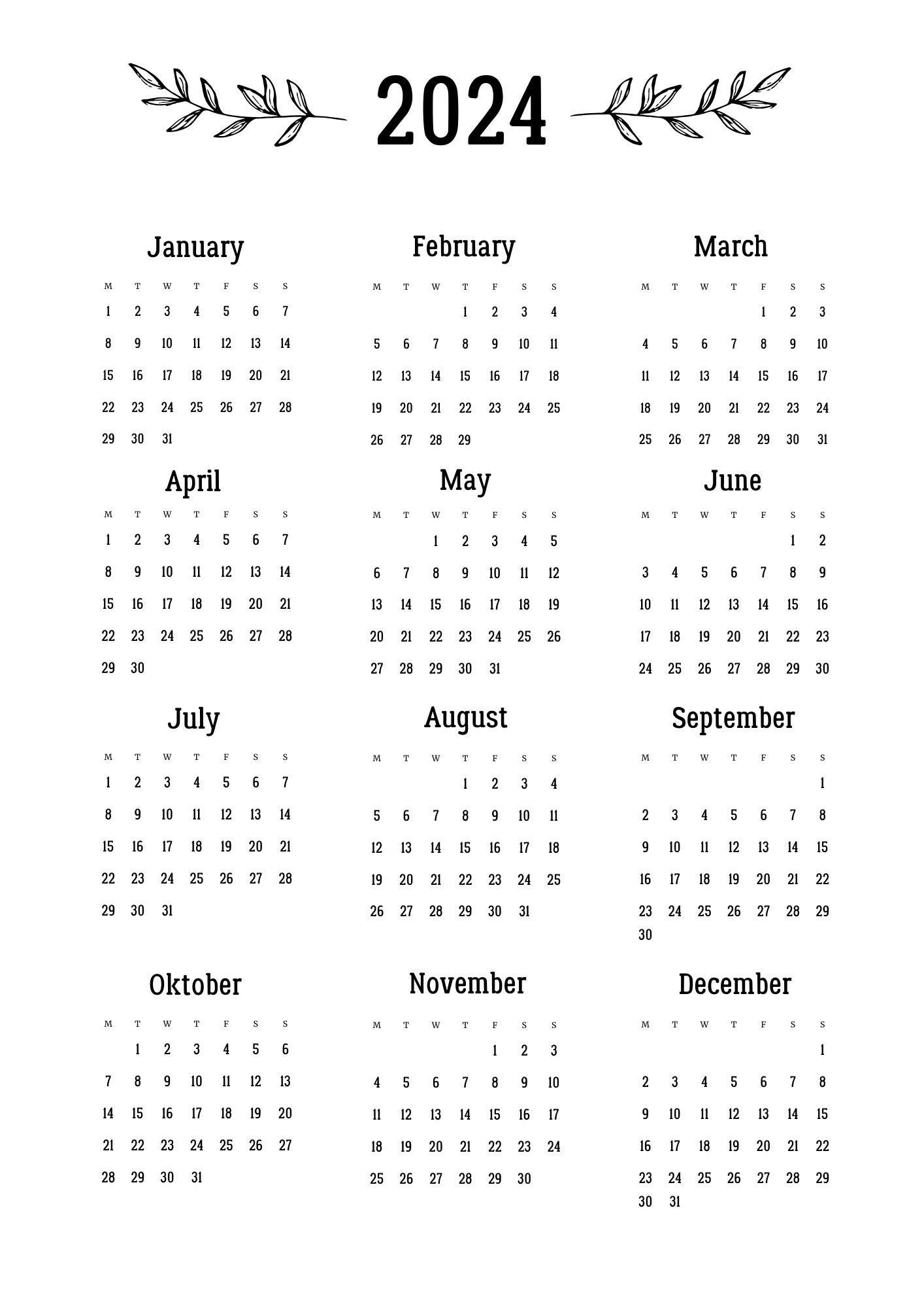 Black Or White Calendar 2024 Kalendar Digital Printable A3 Etsy