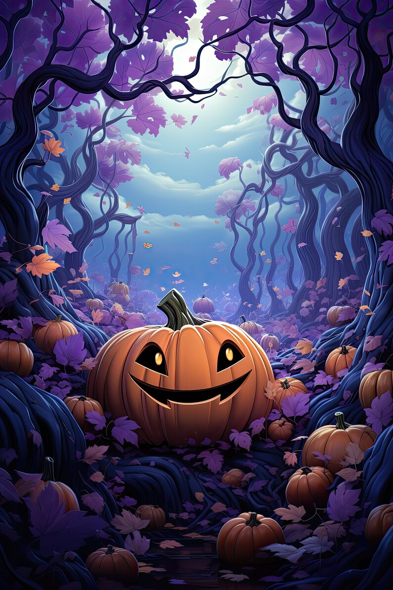 Digital Halloween Art Purple Foliage & Orange Expressive Pumpkin Bundle, Fall Reimagined, AI ...
