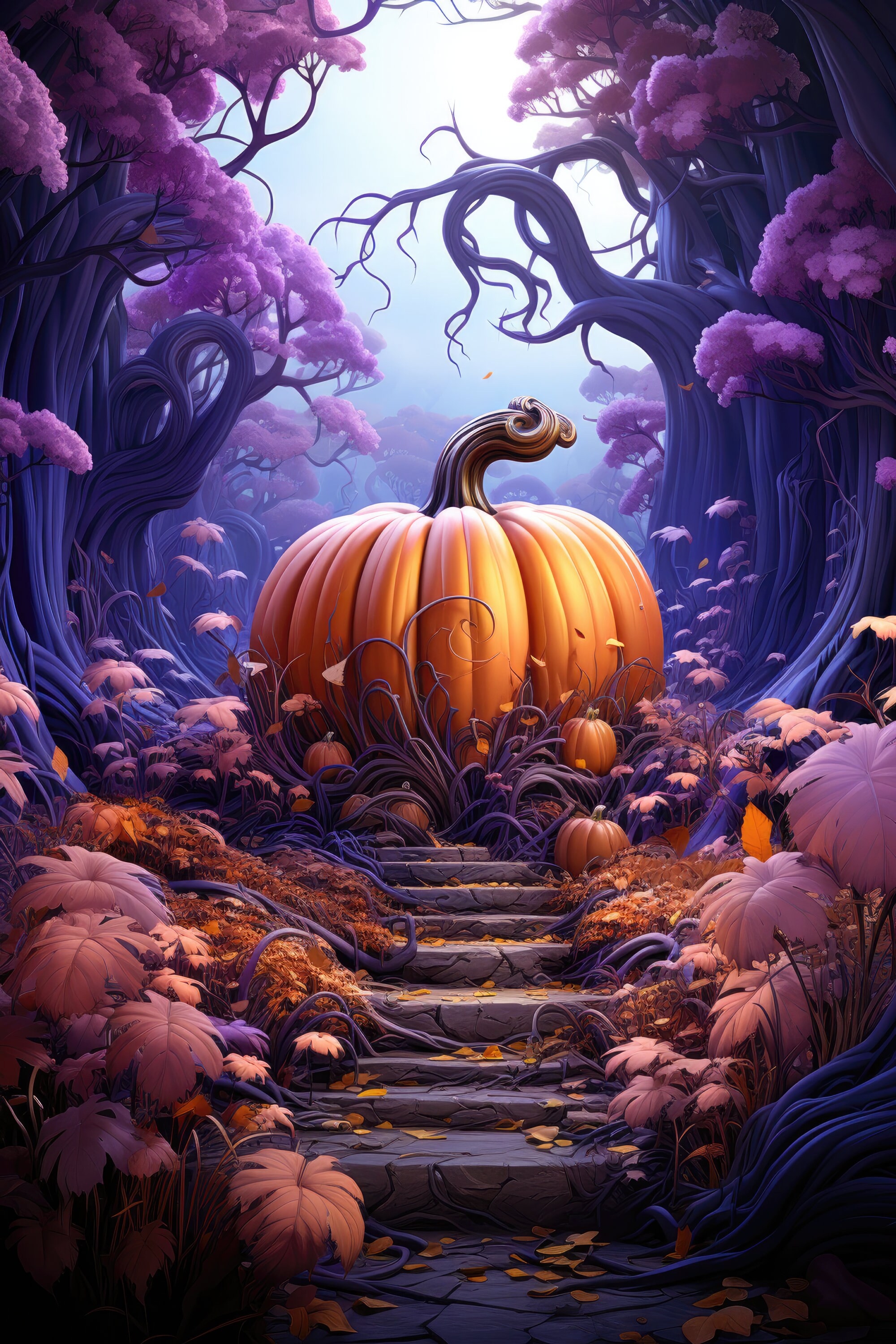Digital Halloween Art Purple Foliage & Orange Expressive Pumpkin Bundle ...