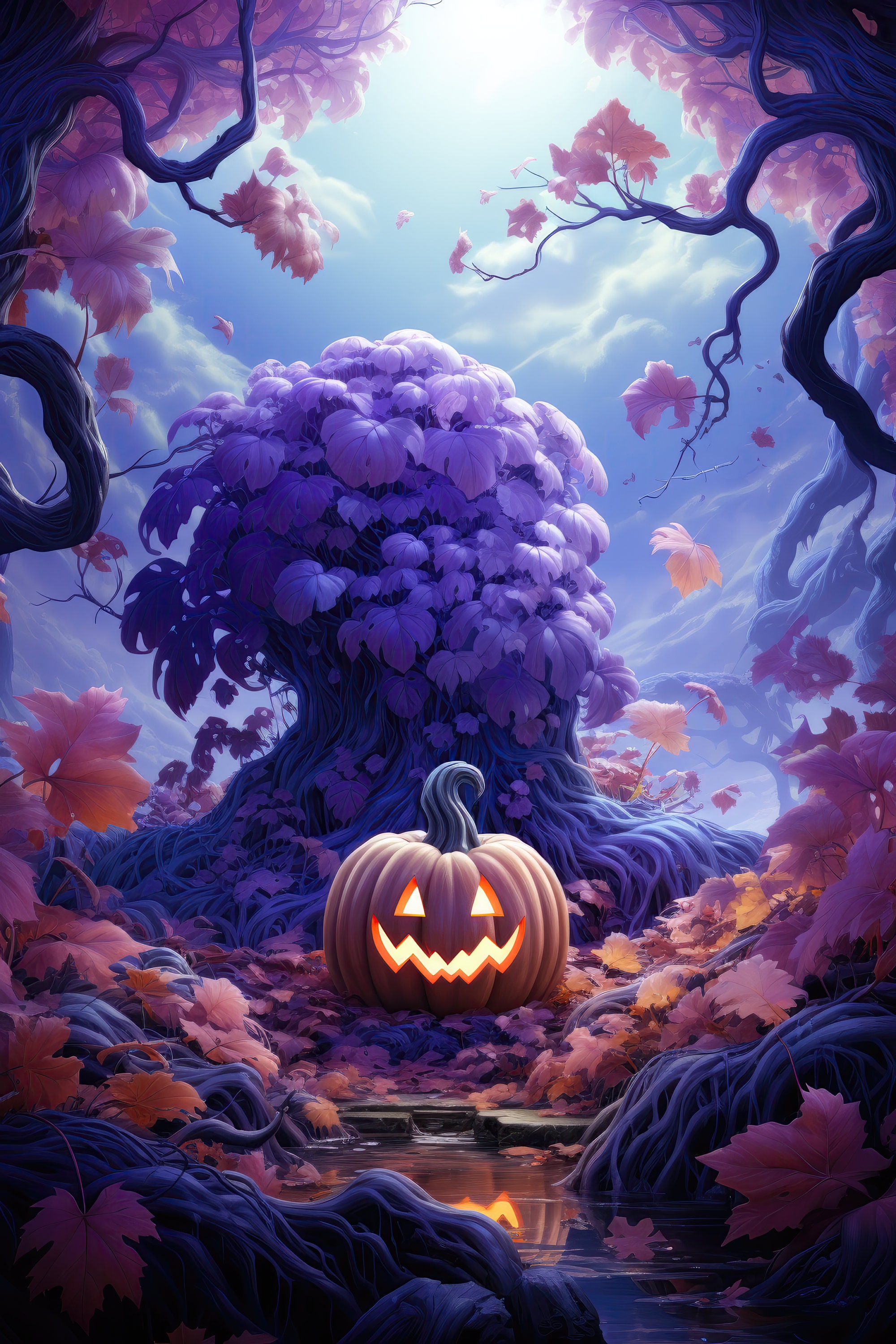 Digital Halloween Art Purple Foliage & Orange Expressive Pumpkin Bundle, Fall Reimagined, AI ...