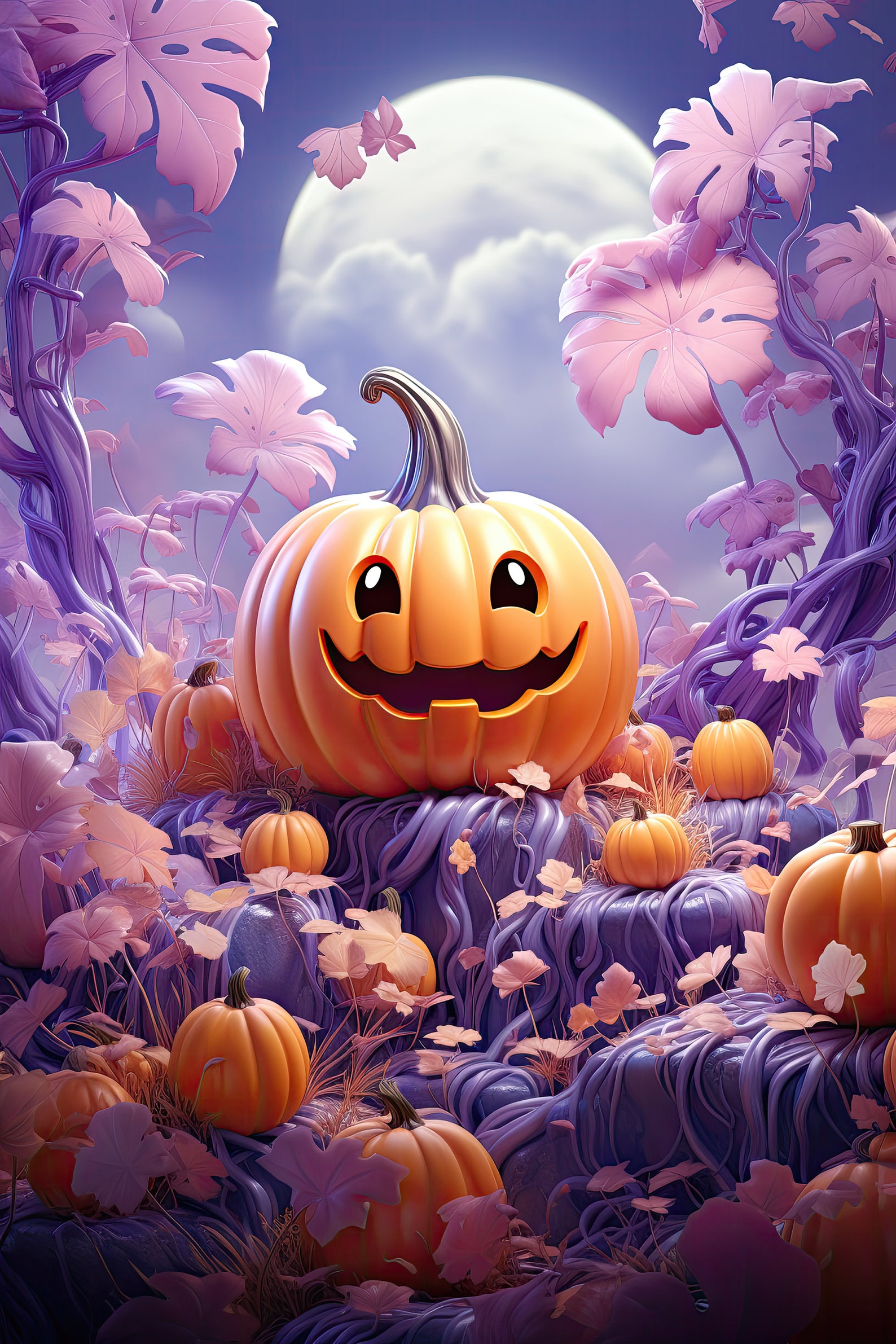 Digital Halloween Art Purple Foliage & Orange Expressive Pumpkin Bundle ...
