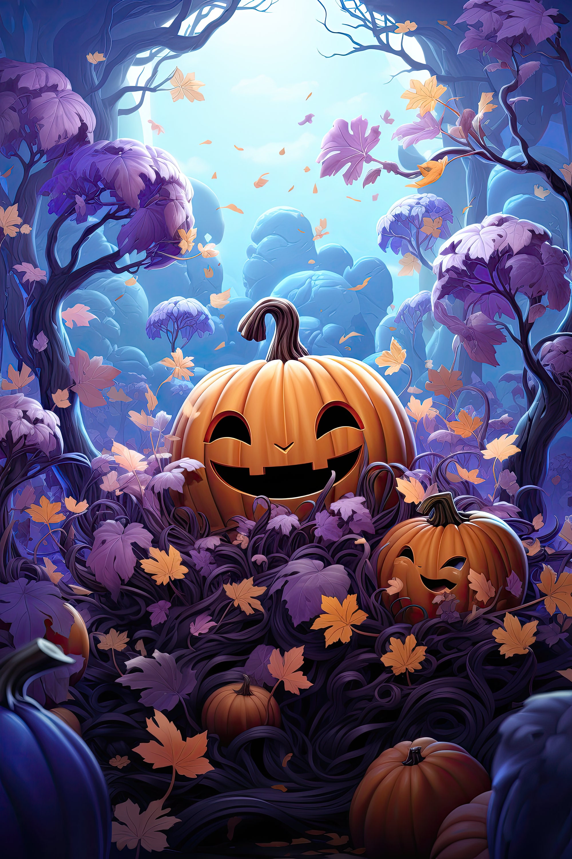 Digital Halloween Art Purple Foliage & Orange Expressive Pumpkin Bundle ...