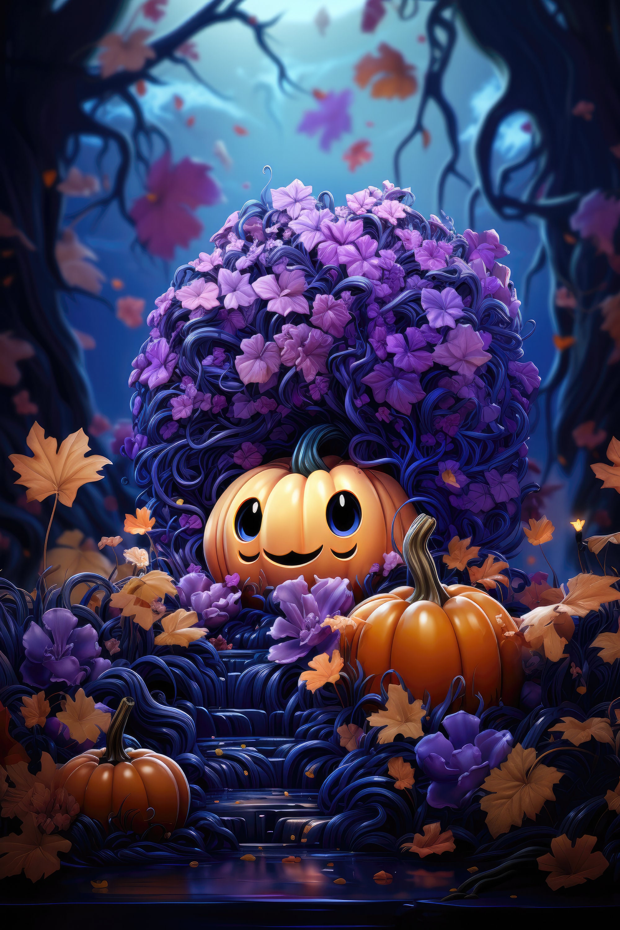 Digital Halloween Art Purple Foliage & Orange Expressive Pumpkin Bundle ...